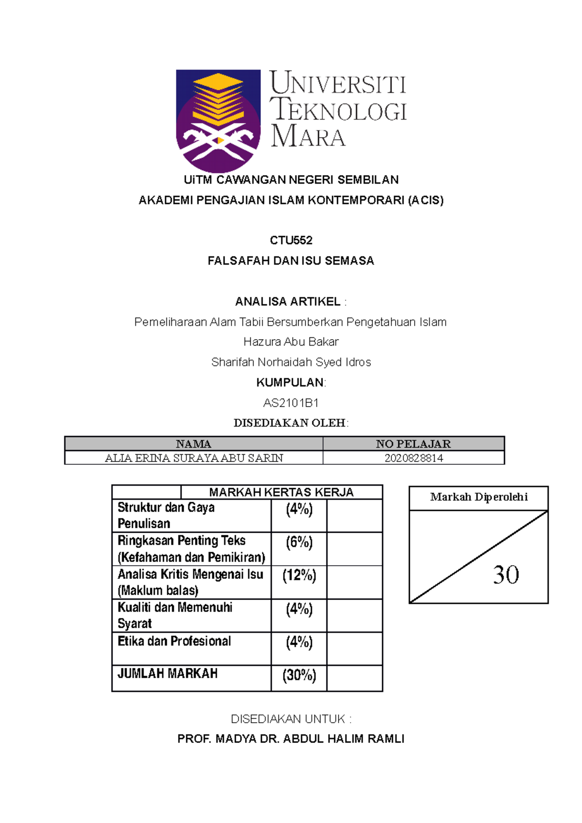 Analisa Artikel CTU - UiTM CAWANGAN NEGERI SEMBILAN AKADEMI PENGAJIAN ...
