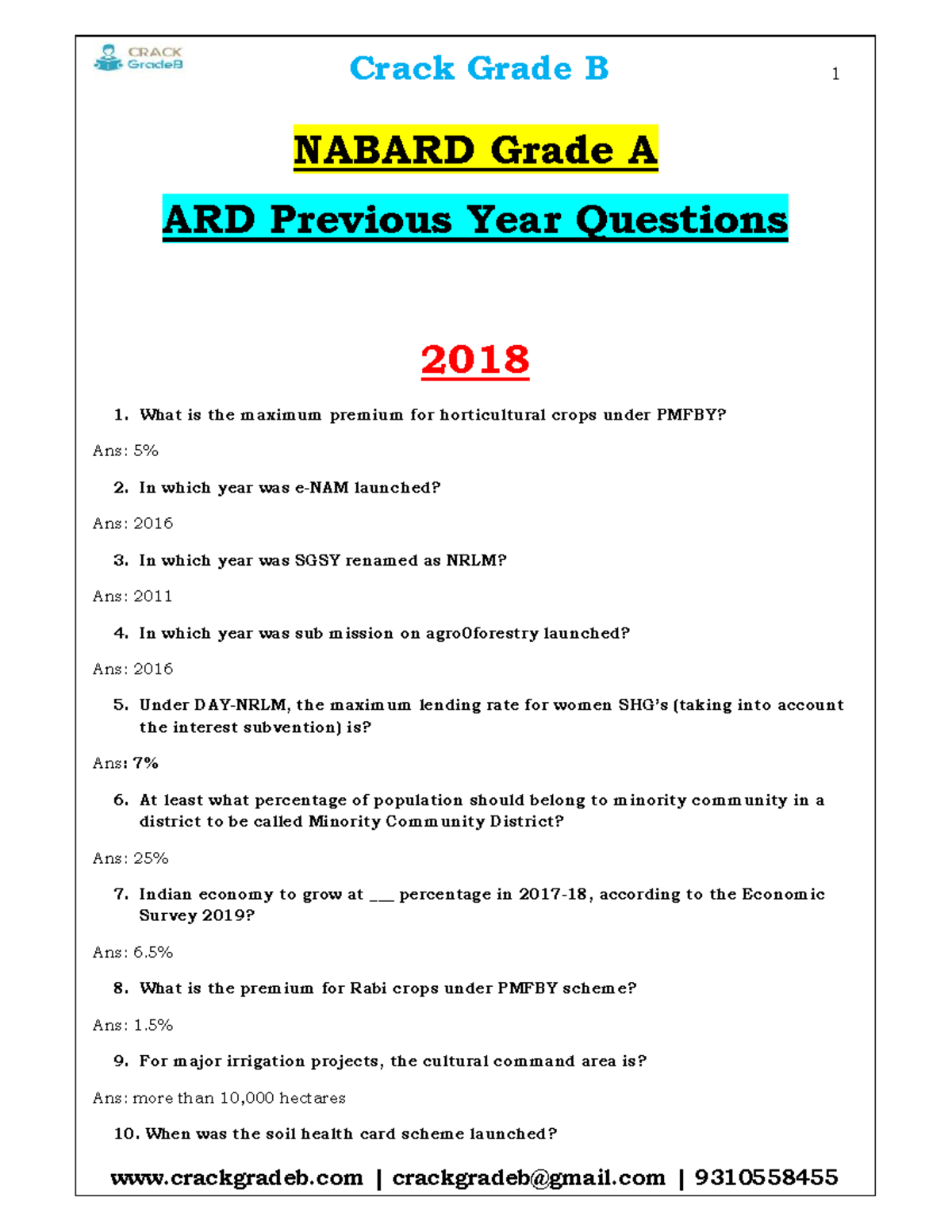Crack Grade B - NABARD Grade A ARD Previous Year Questions 2018 1. What ...