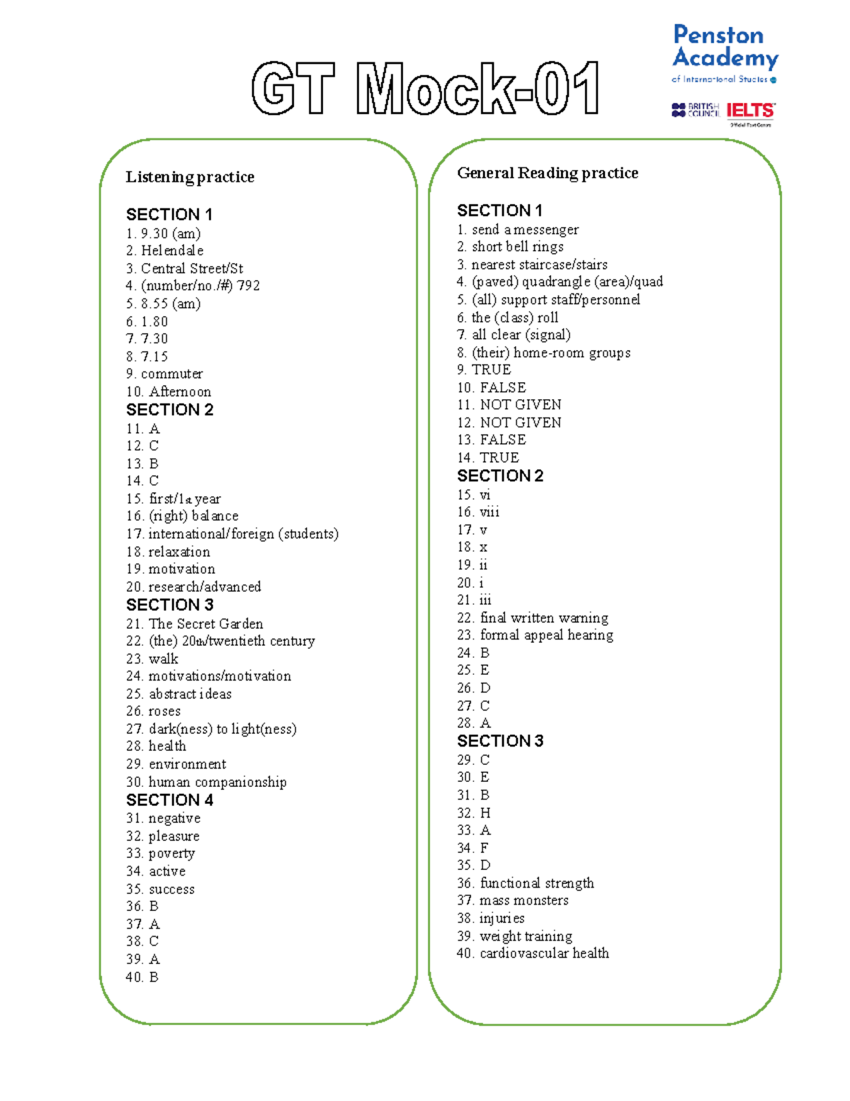 General Answer Script - Nothing to say - Listening practice SECTION 1 1 ...