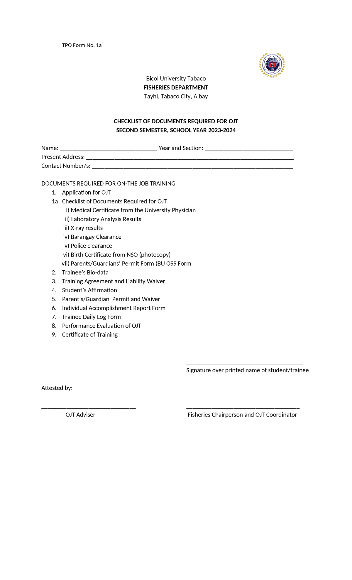 TPO Form No 1a Checklist of Ddcuments Required for OJT - TPO Form No ...