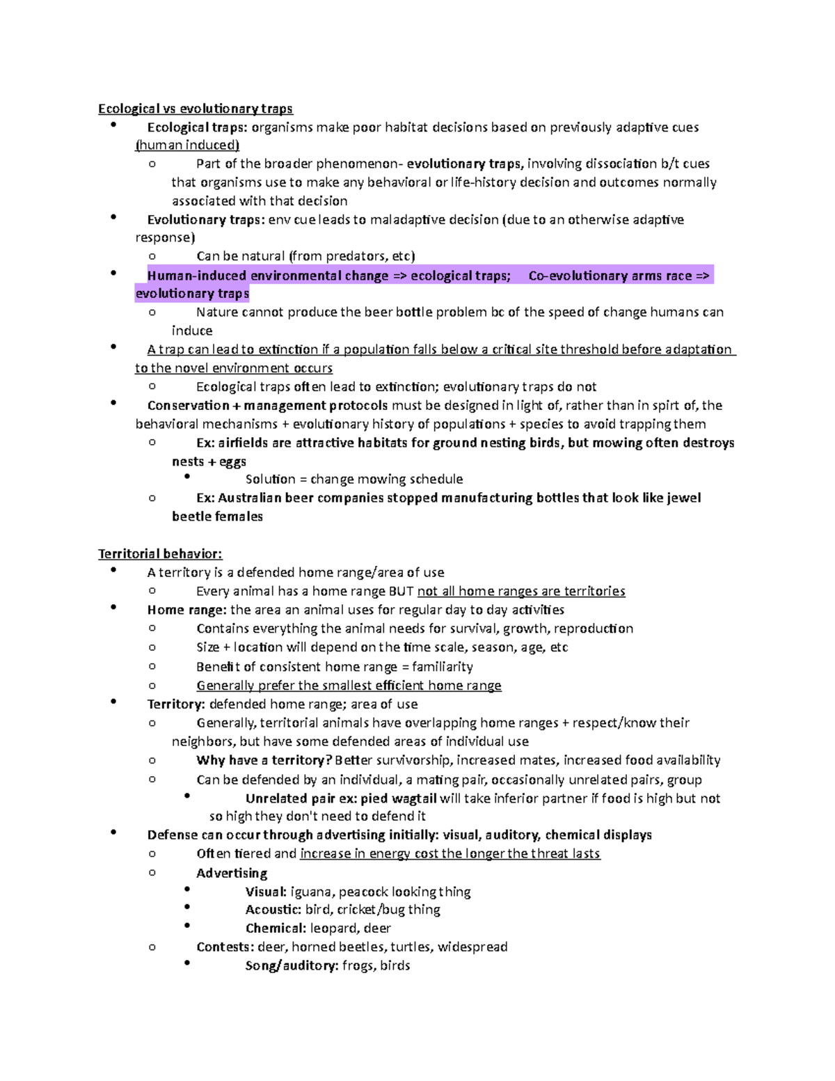 Lecture 16 notes - Ecological vs evolutionary traps Ecological traps ...