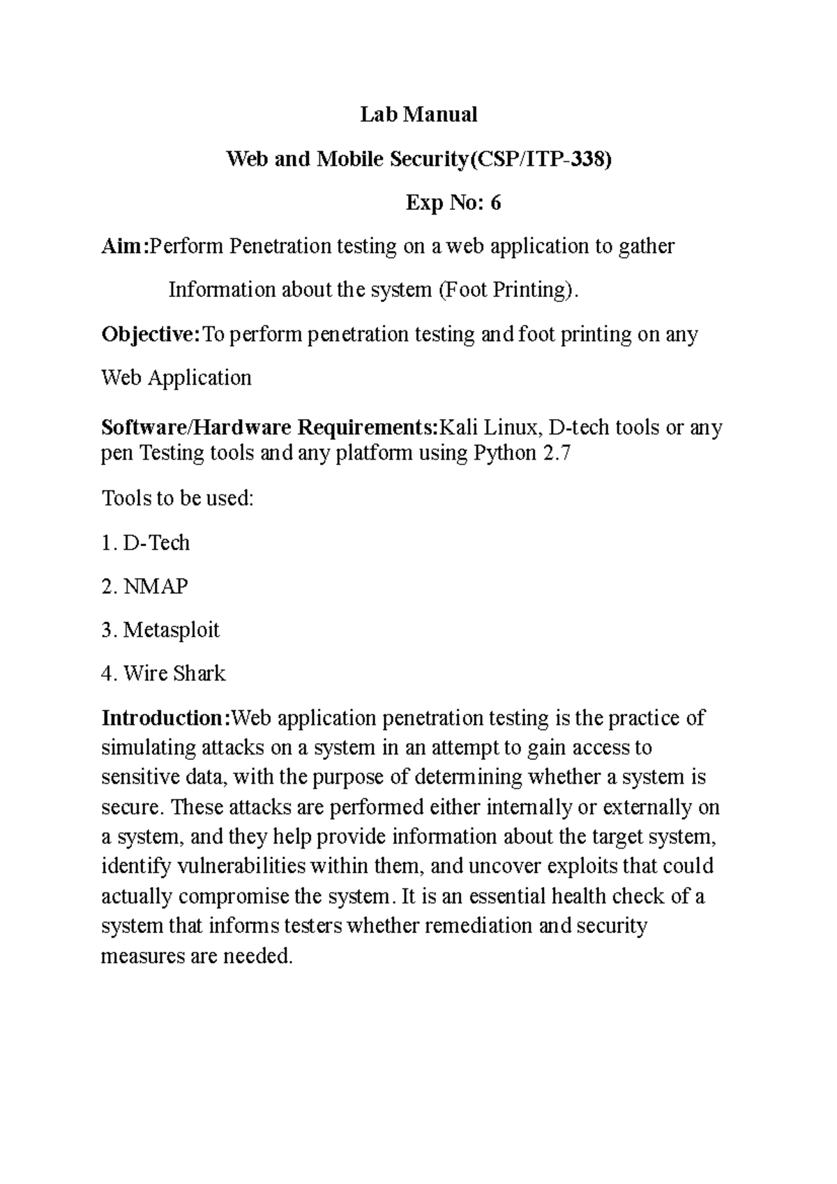 Experiment 6 - assignment is very helpful' - Lab Manual Web and Mobile Security(CSP/ITP-338) Exp ...
