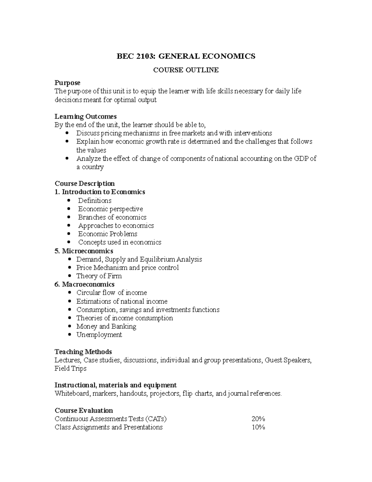 General Economics Notes 2023 - BEC 2103: GENERAL ECONOMICS COURSE ...