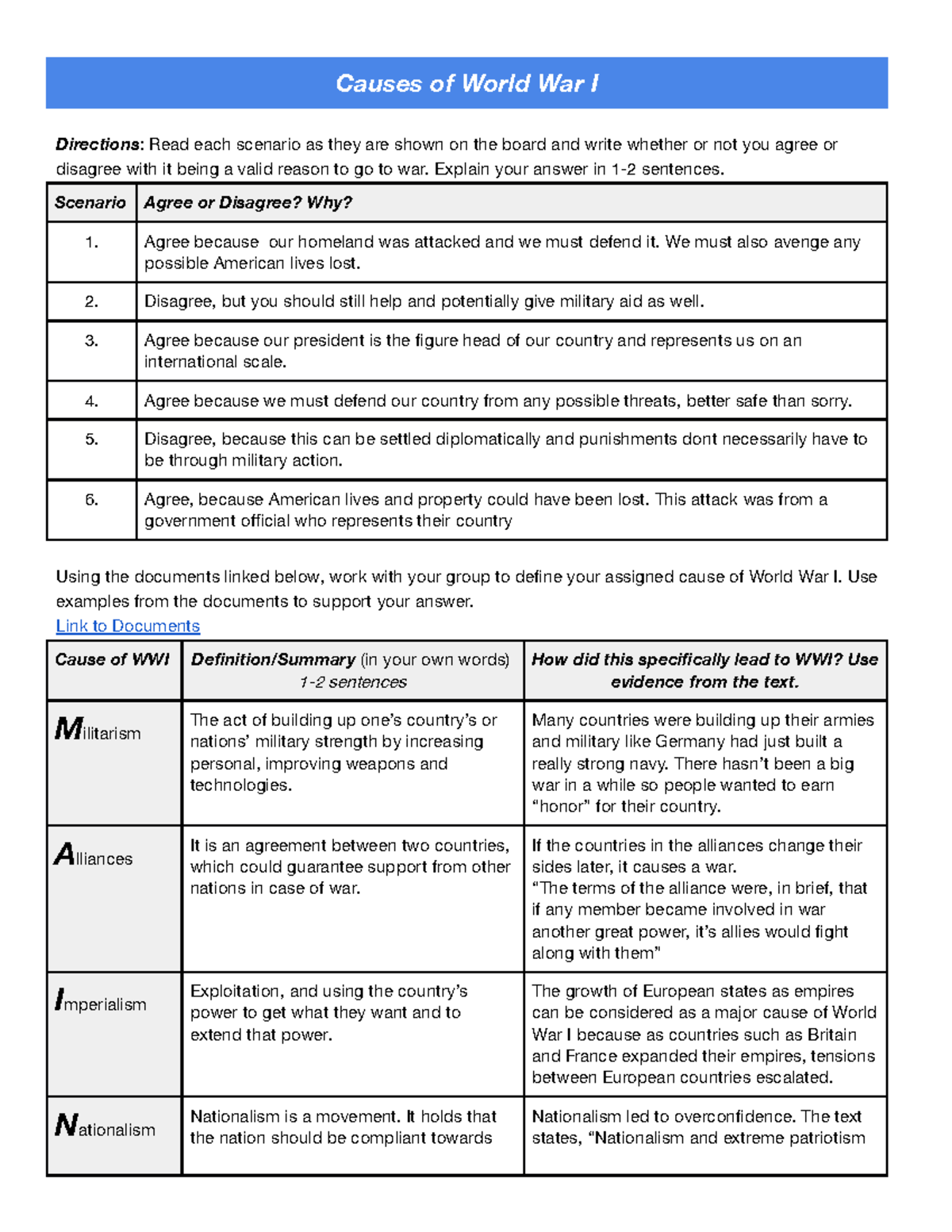 Day 2 - Causes of World War I - Causes of World War I Directions: Read ...