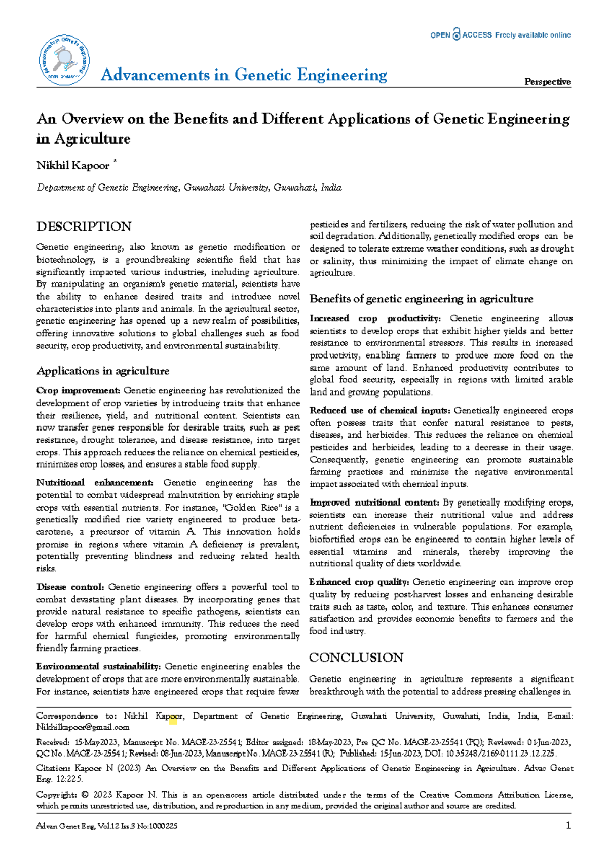 Rent applications of genetic engineering in agriculture - An Overview ...
