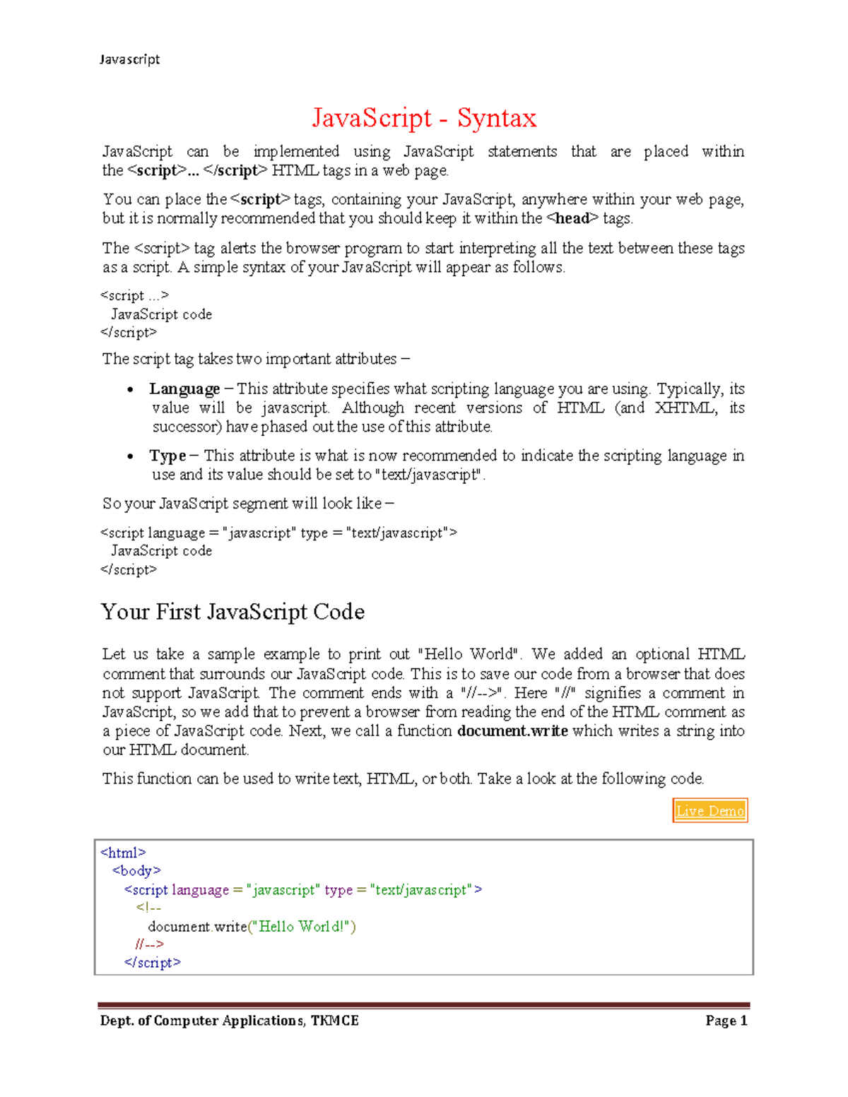 Javascript syntax - javascript - UoK - Studocu Javascript syntax - javascript - UoK - Studocu