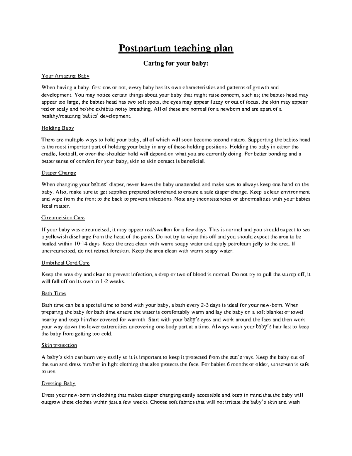 Postpartum teaching plan - Postpartum teaching plan Caring for your baby: Your Amazing Baby When ...