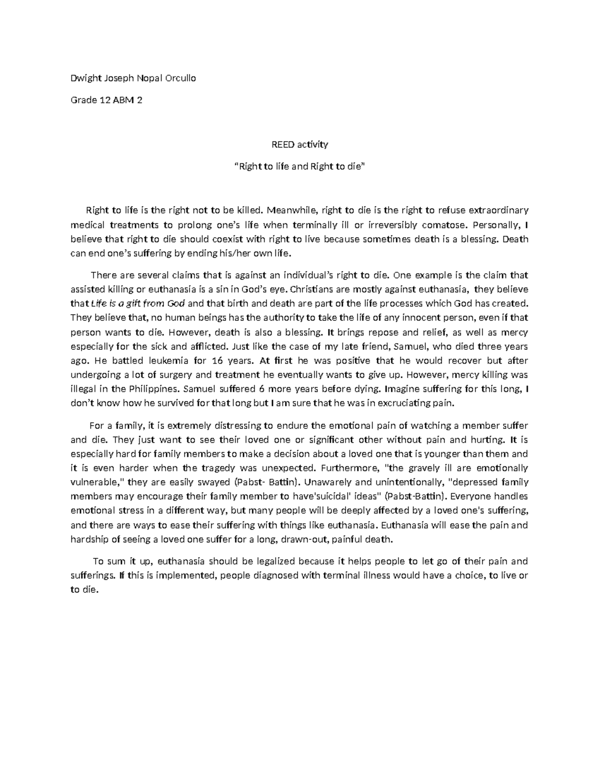 REED position paper - Dwight Joseph Nopal Orcullo Grade 12 ABM 2 REED ...