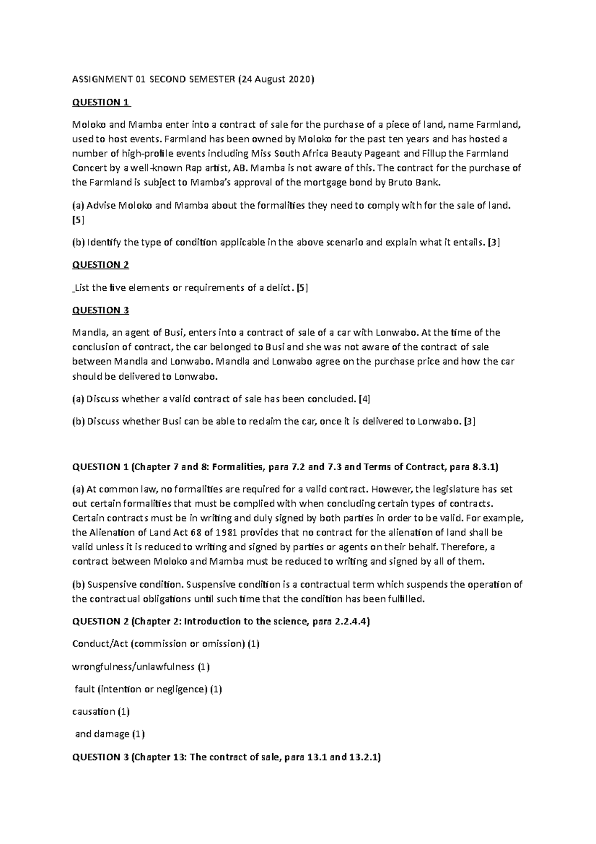 Assignment 01 Second Semester - ASSIGNMENT 01 SECOND SEMESTER (24 August 2020) QUESTION 1 Moloko ...