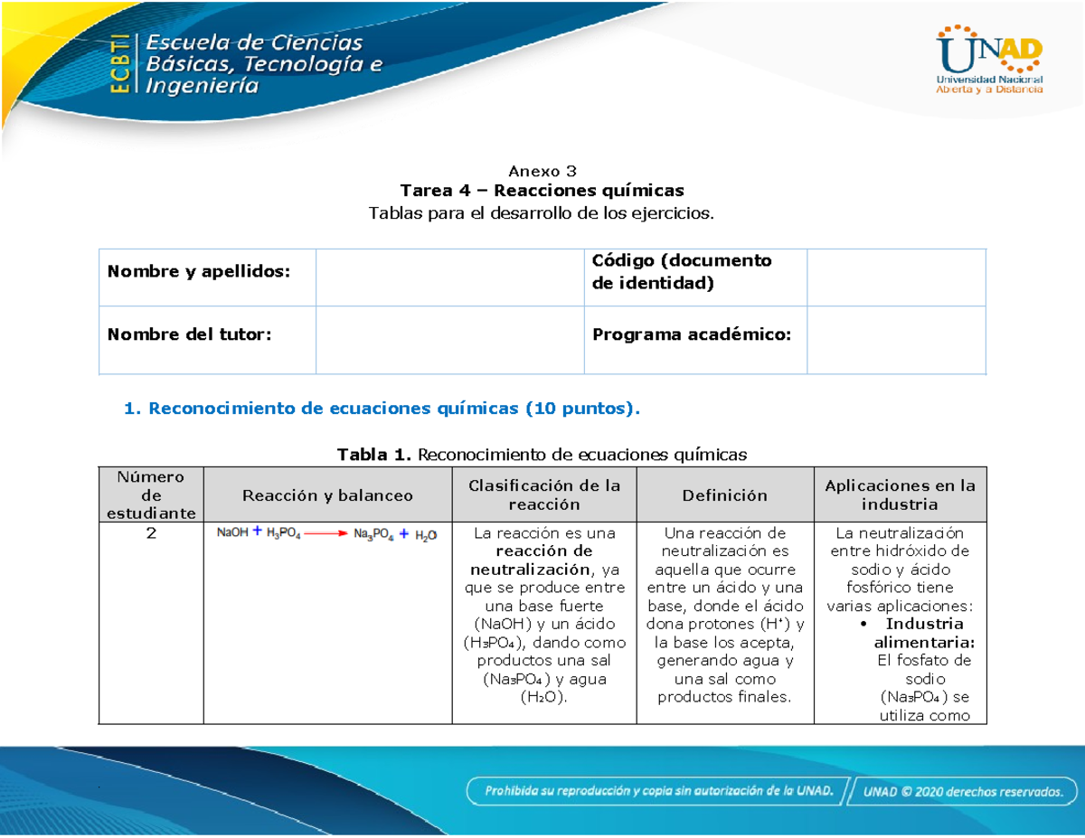 Tarea 4 Quimica General - Anexo 3 Tarea 4 – Reacciones químicas Tablas para el desarrollo de los ...