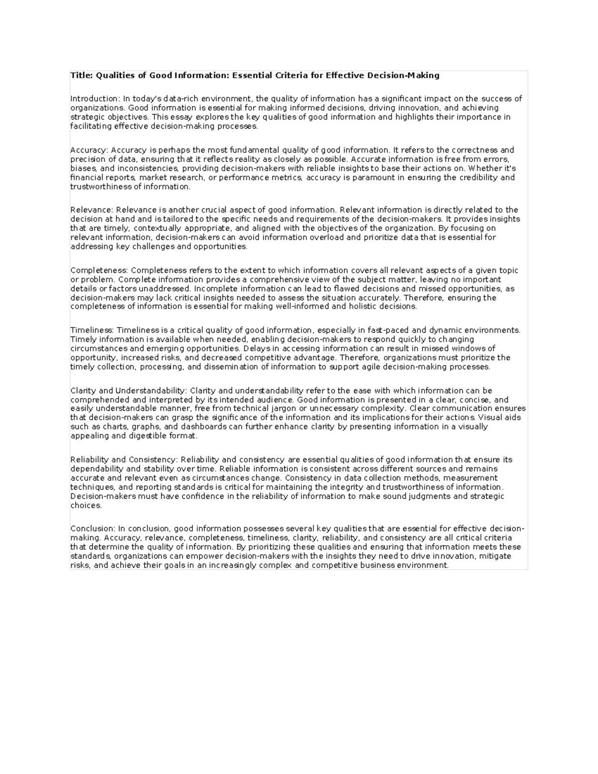 Qualities of Good Information Essential Criteria for Effective Decision ...