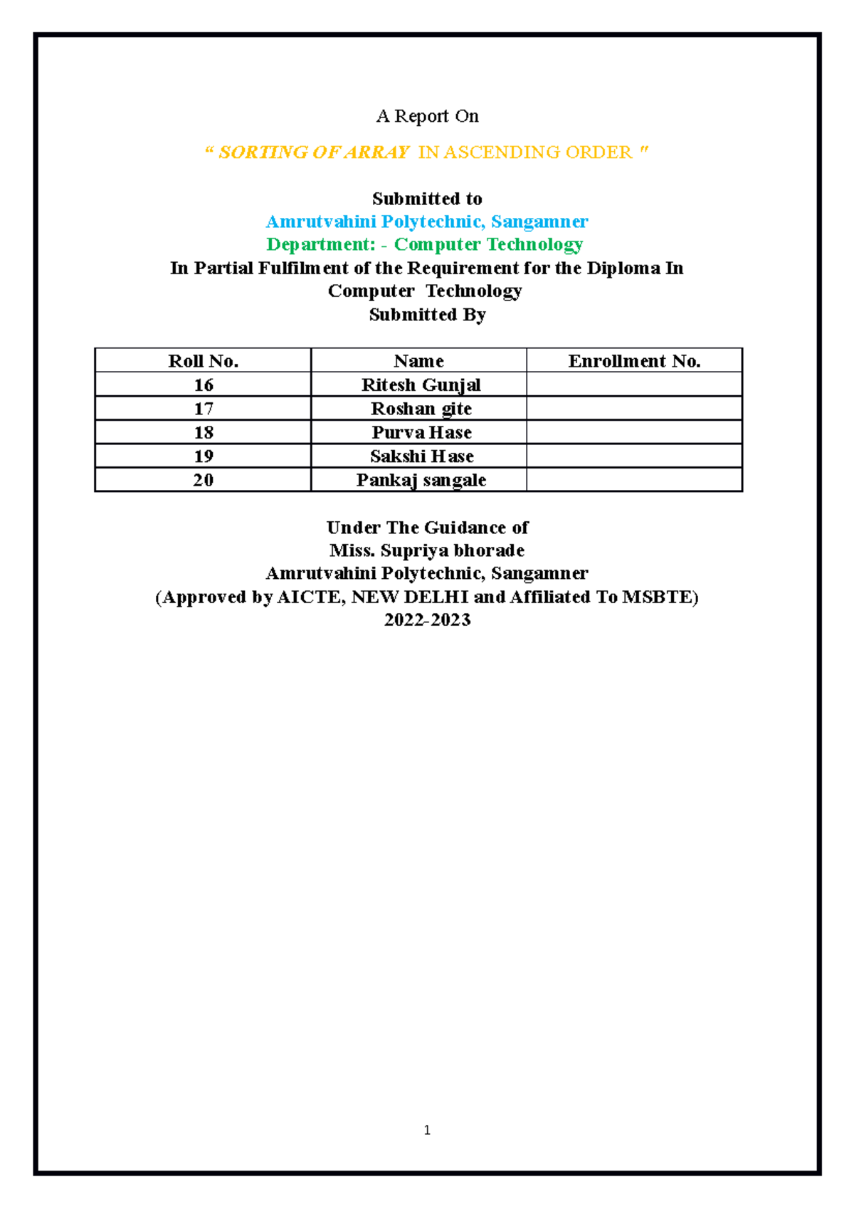 GAD Micro - A Report On “ SORTING OF ARRAY IN ASCENDING ORDER ...