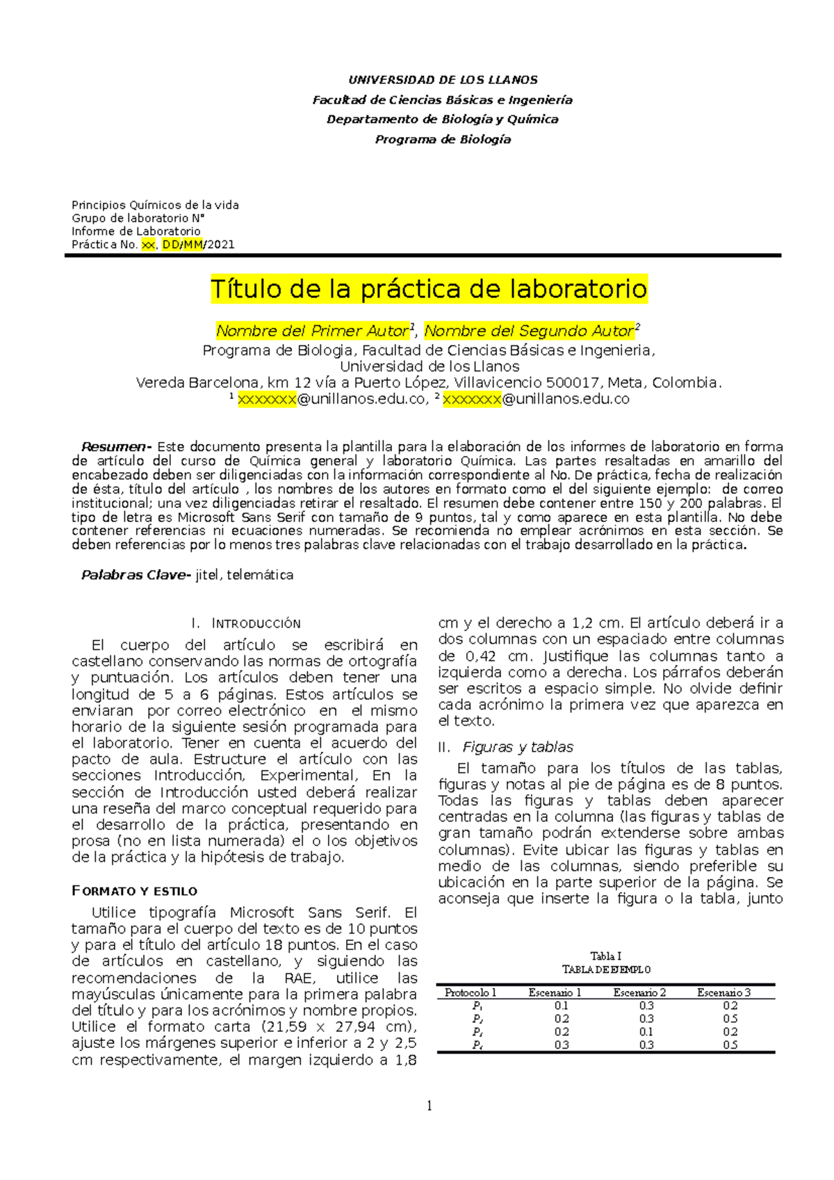Plantilla informe de laboratorio. - UNIVERSIDAD DE LOS LLANOS Facultad de Ciencias Básicas e ...