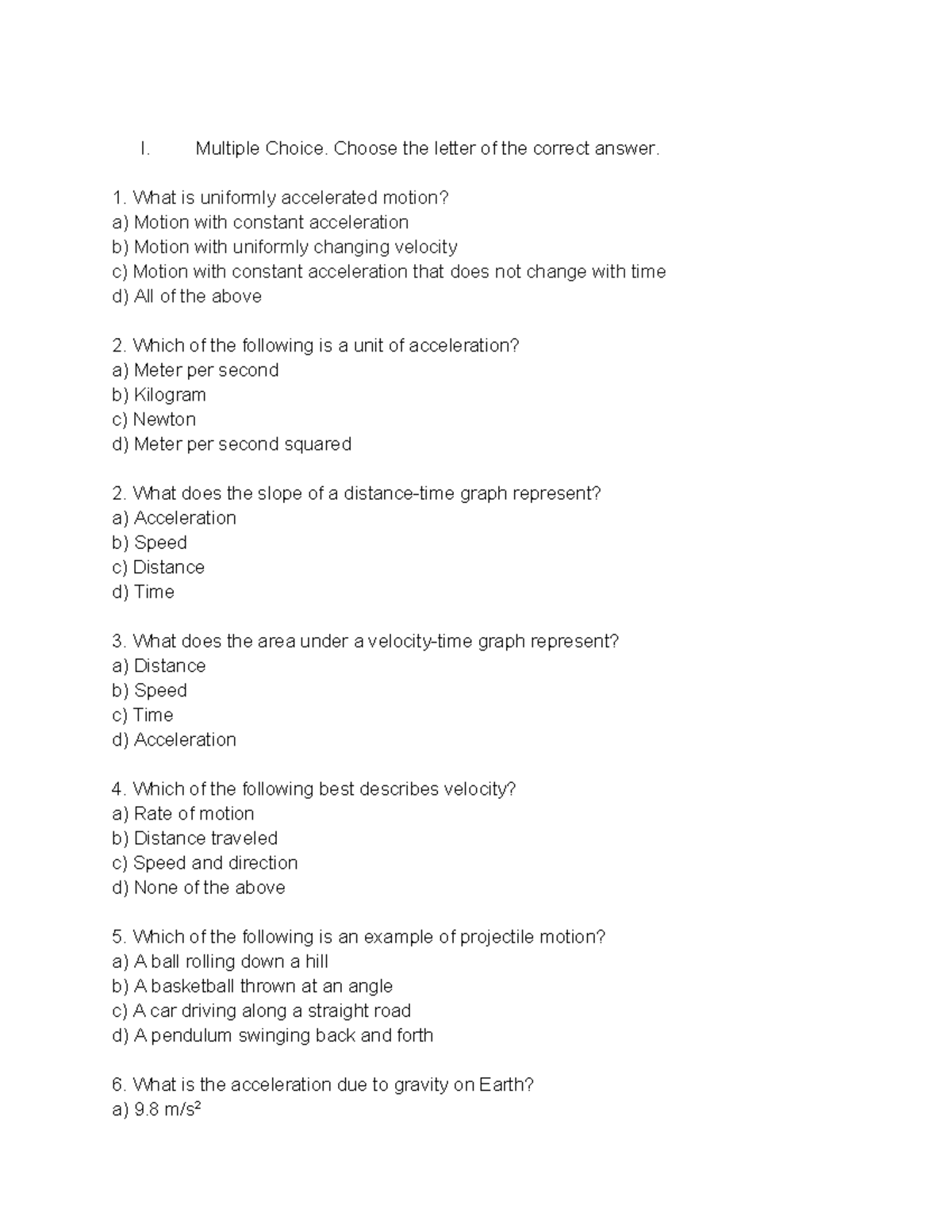 Quiz Forces-and-Motion April-11-2024 - I. Multiple Choice. Choose the ...