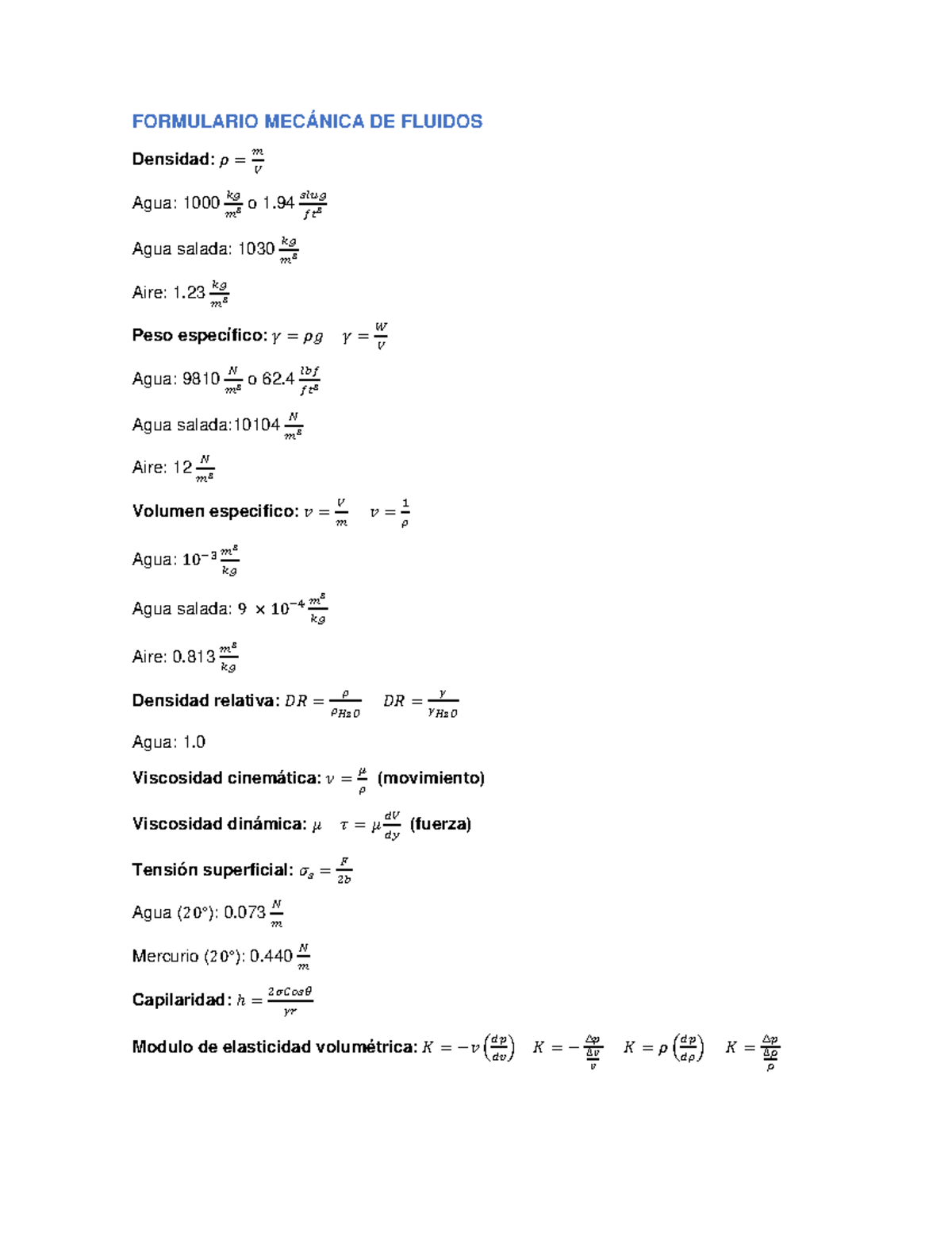 Formulario Mecánica DE Fluidos - FORMULARIO MECÁNICA DE FLUIDOS Densidad: 𝜌 = 𝑚 𝑉 Agua: 1000 𝑘𝑔 ...