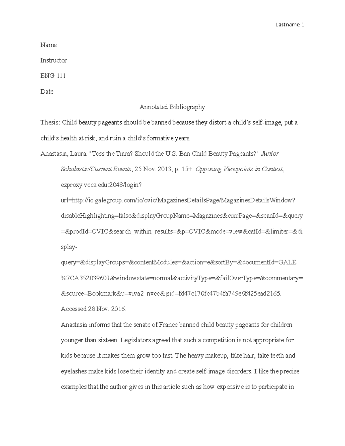 Annotated Bibliography Sample APA format - Name Instructor ENG 111 Date ...