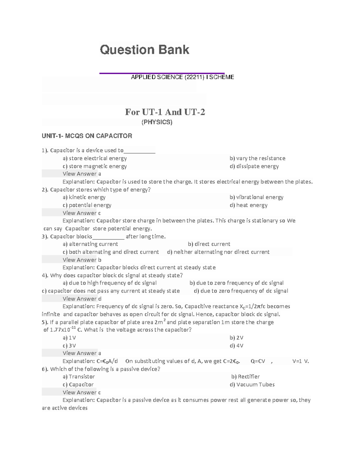 Applied physics 22211 - Question Bank For UT-1 And UT- (PHYSICS) UNIT-1 ...