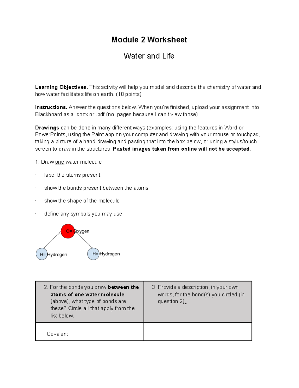 Module 2 Worksheet - Water and Life - Module 2 Worksheet Water and Life ...