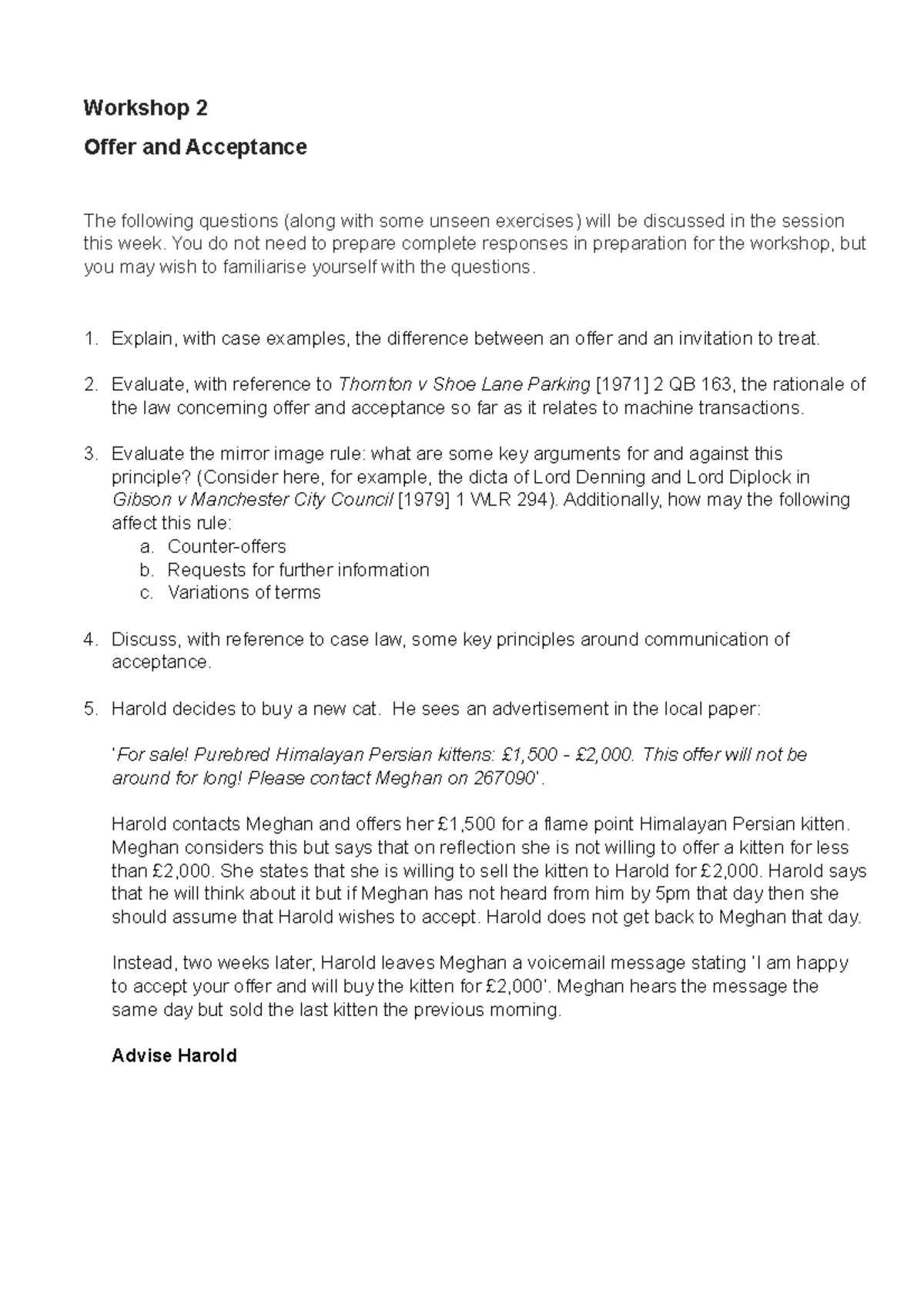 Seminar Questions - Workshop 2 Offer and Acceptance The following ...