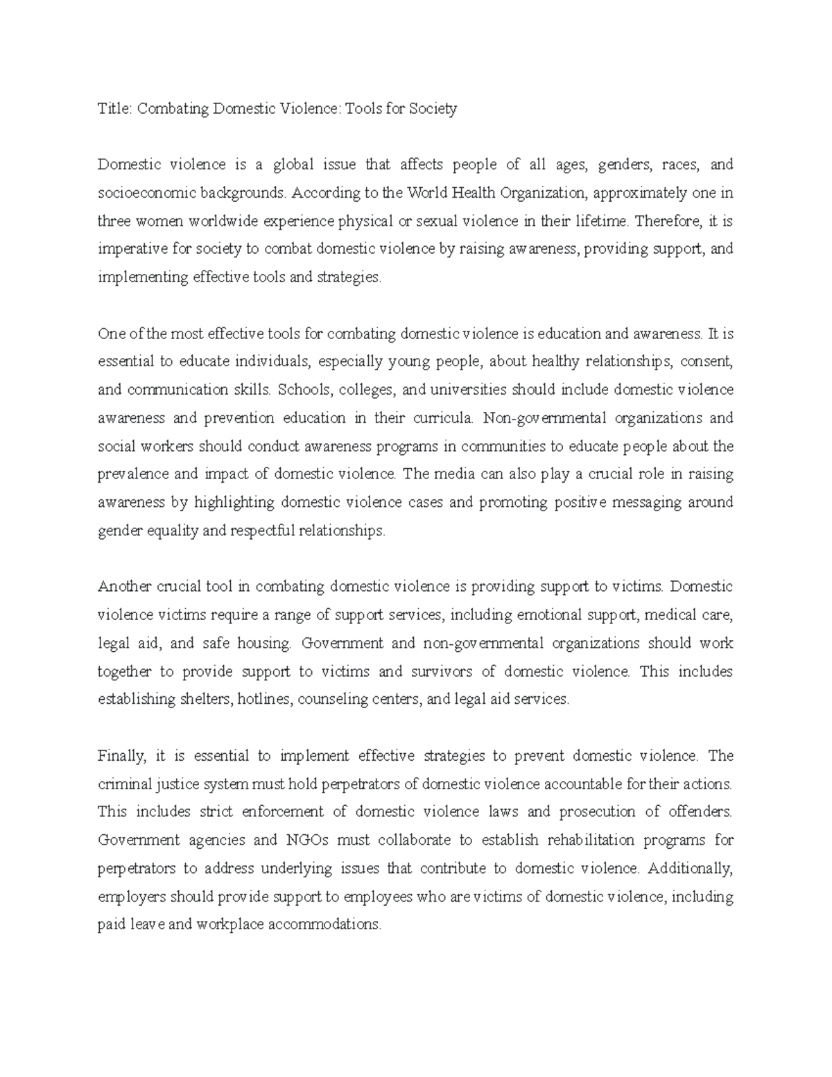 Title Combating Domestic Violence Tools for Society - According to the ...