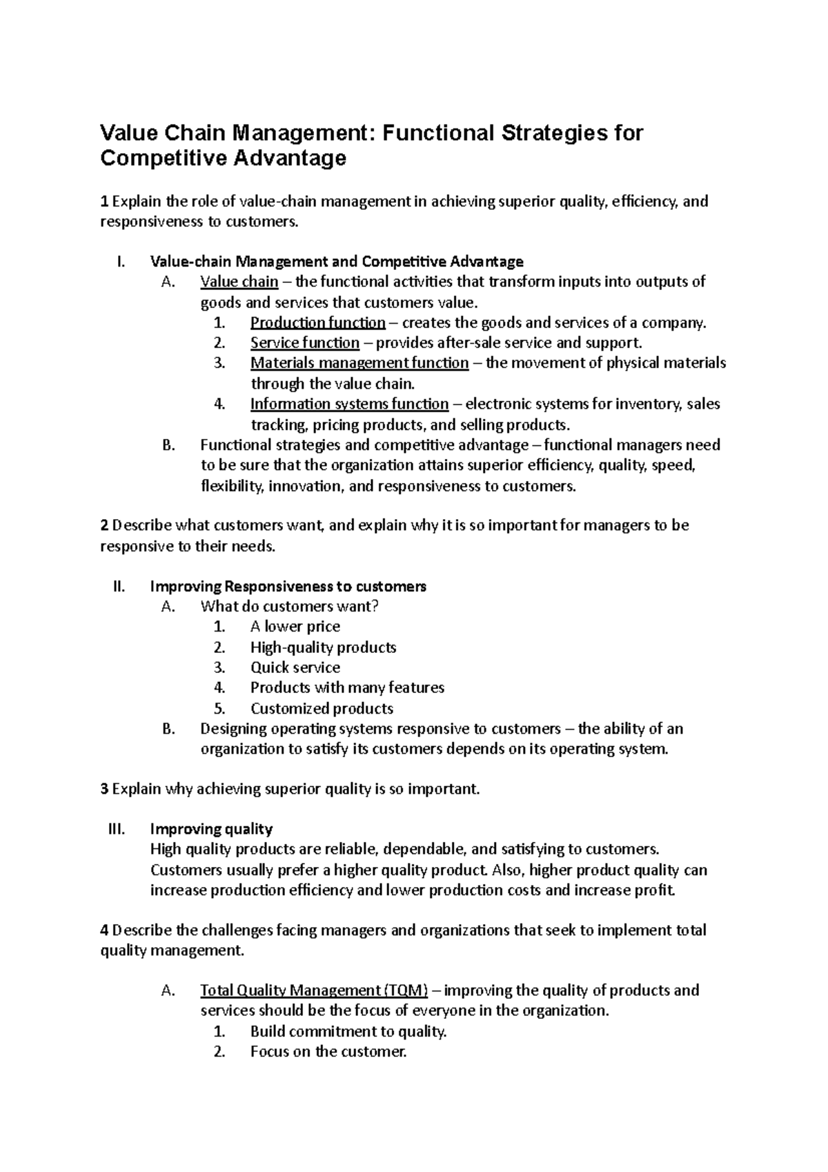 Qn A - Summary Business management - Value Chain Management: Functional Strategies for ...