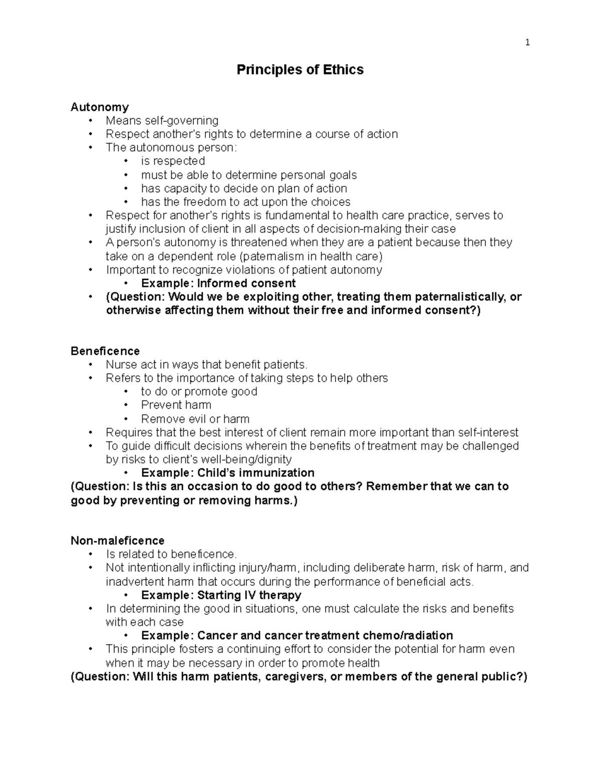 Principles of Ethics-T - 1 Principles of Ethics Autonomy - Means self ...