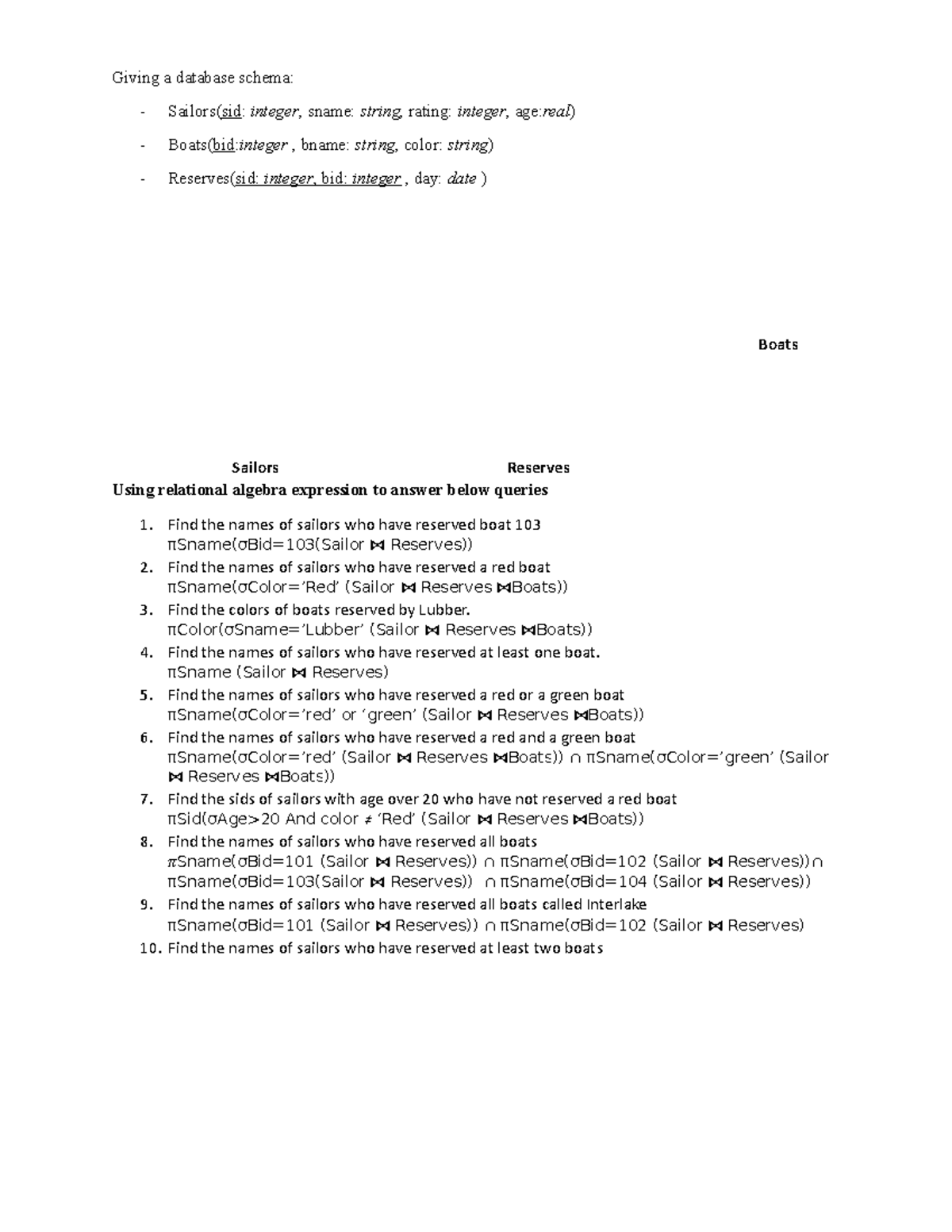 Lab1 (1)1 - học kì 3 - Giving a database schema: -Sailors(sid: integer , sname: string , rating ...