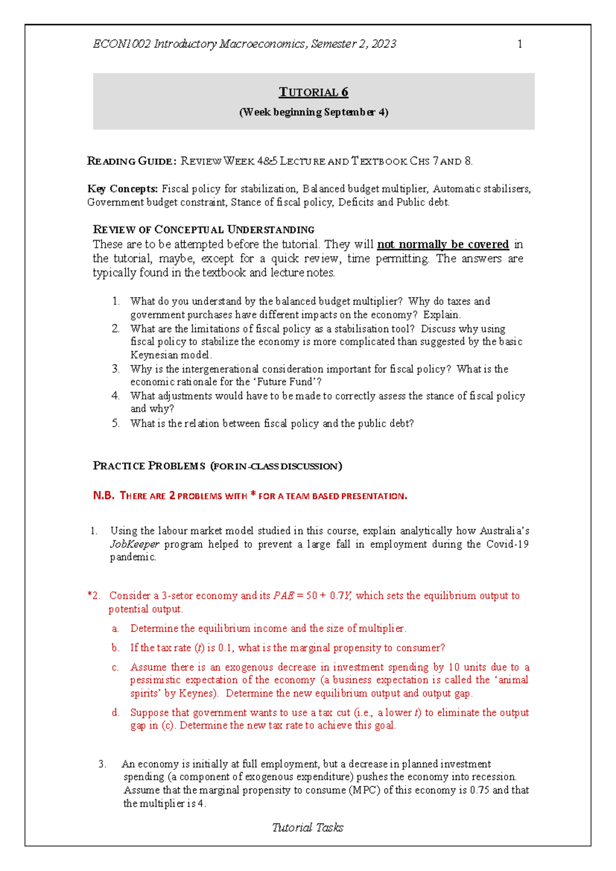 Tutorial Week 6 - ECON1002 Introductory Macroeconomics, Semester 2 , 2023 1 Tutorial Tasks R ...