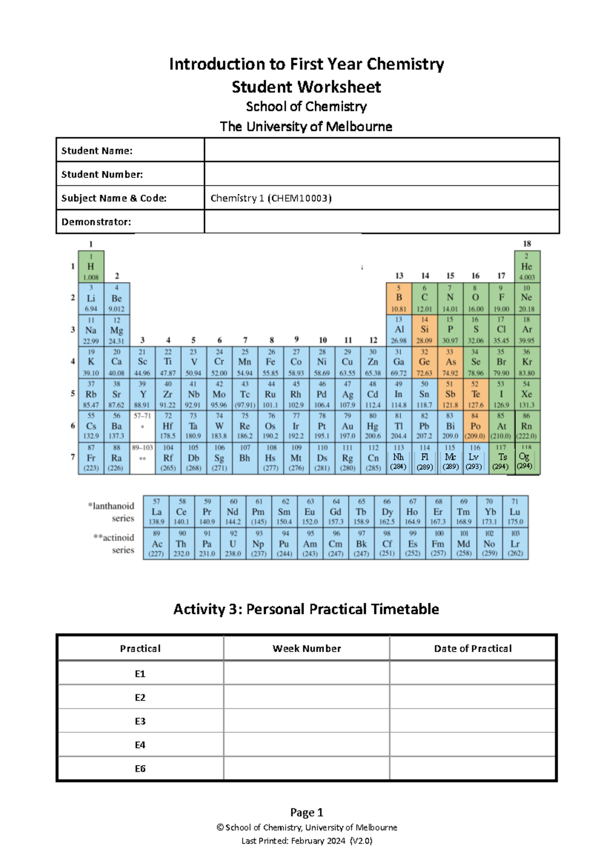 Student Worksheet chem intro - Page 1 © School of Chemistry, University ...