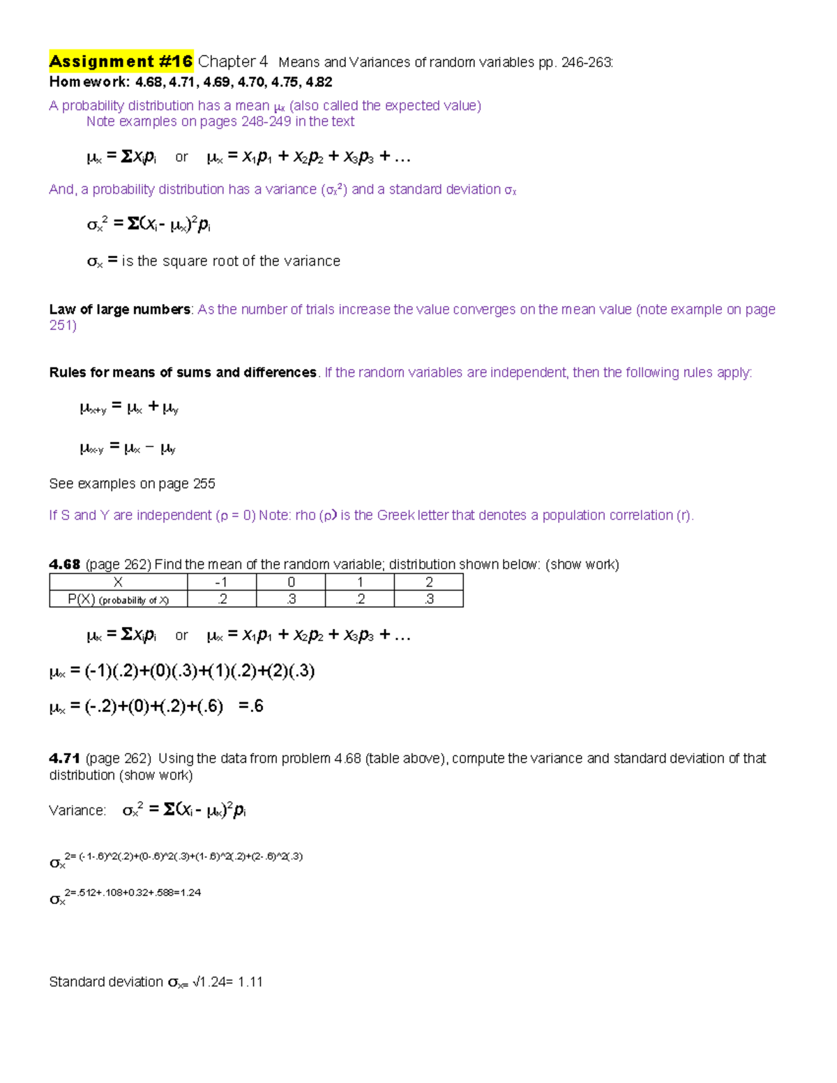 UA Stat Assignment #16 - Assignment #16 Chapter 4 Means and Variances of random variables pp ...