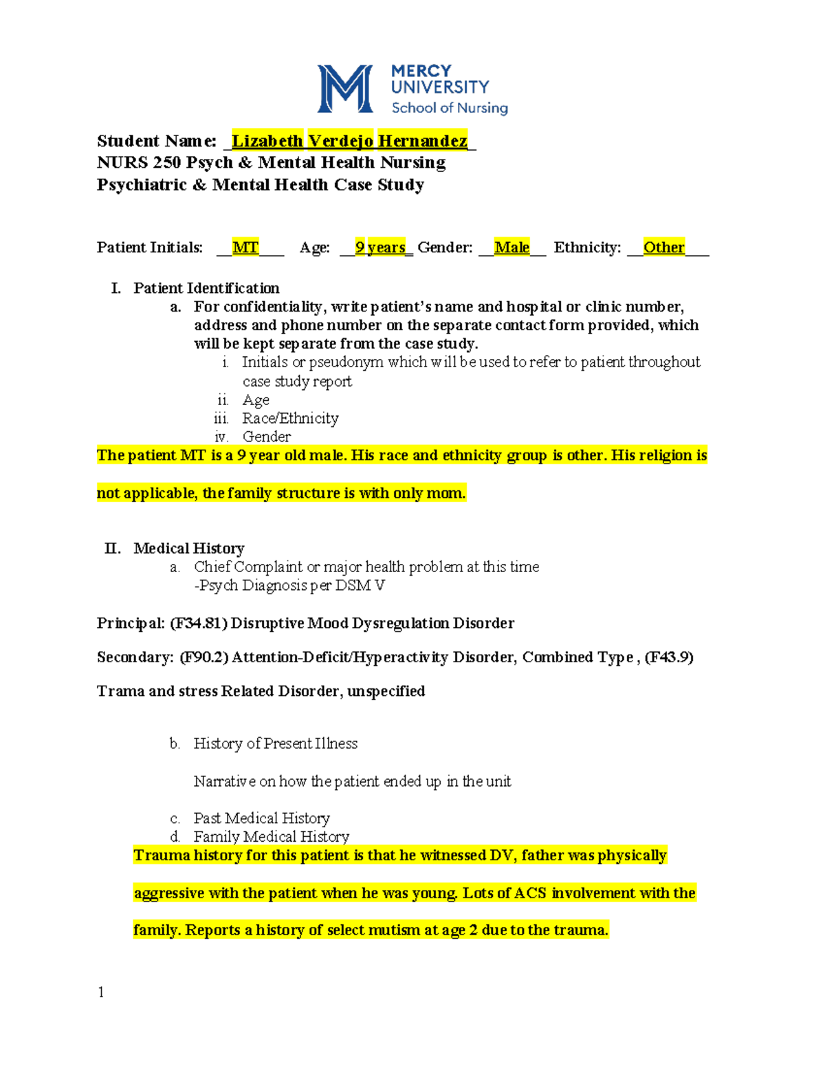 PMH Case Study Template - Student Name: Lizabeth Verdejo Hernandez NURS ...