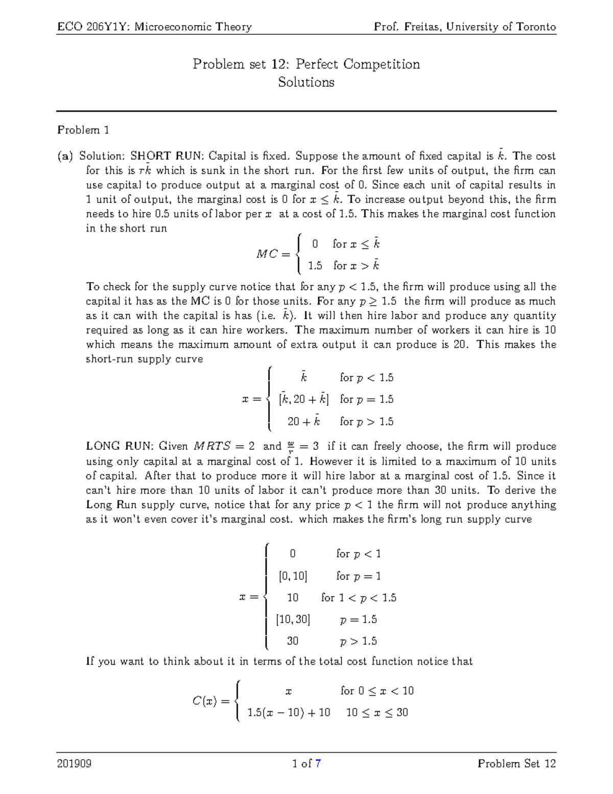 ECO206 Problem Set 12 Solutions Perfect Competition - Problem set 12: Perfect Competition ...