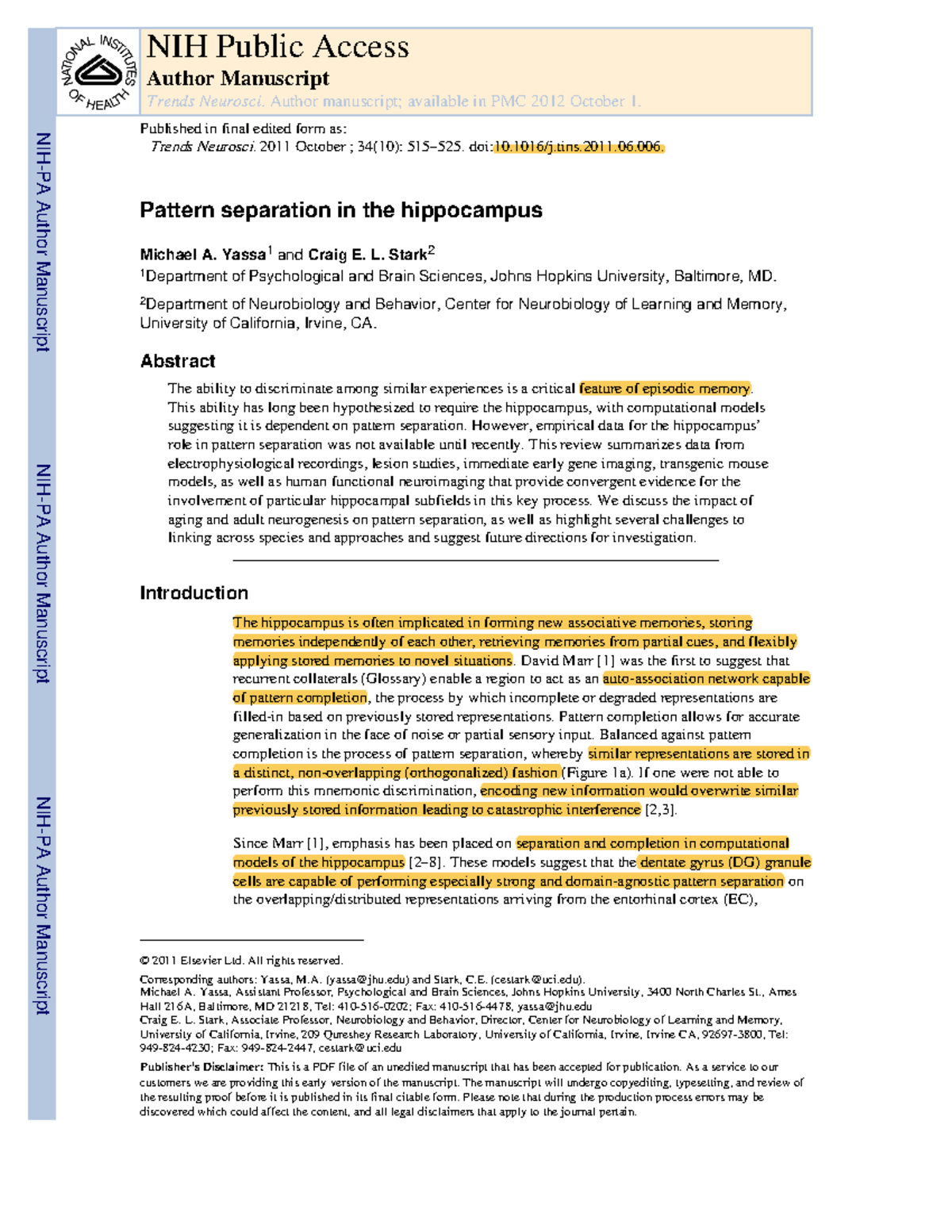 Yassa Stark Pattern separation in the hippocampus - Pattern separation ...
