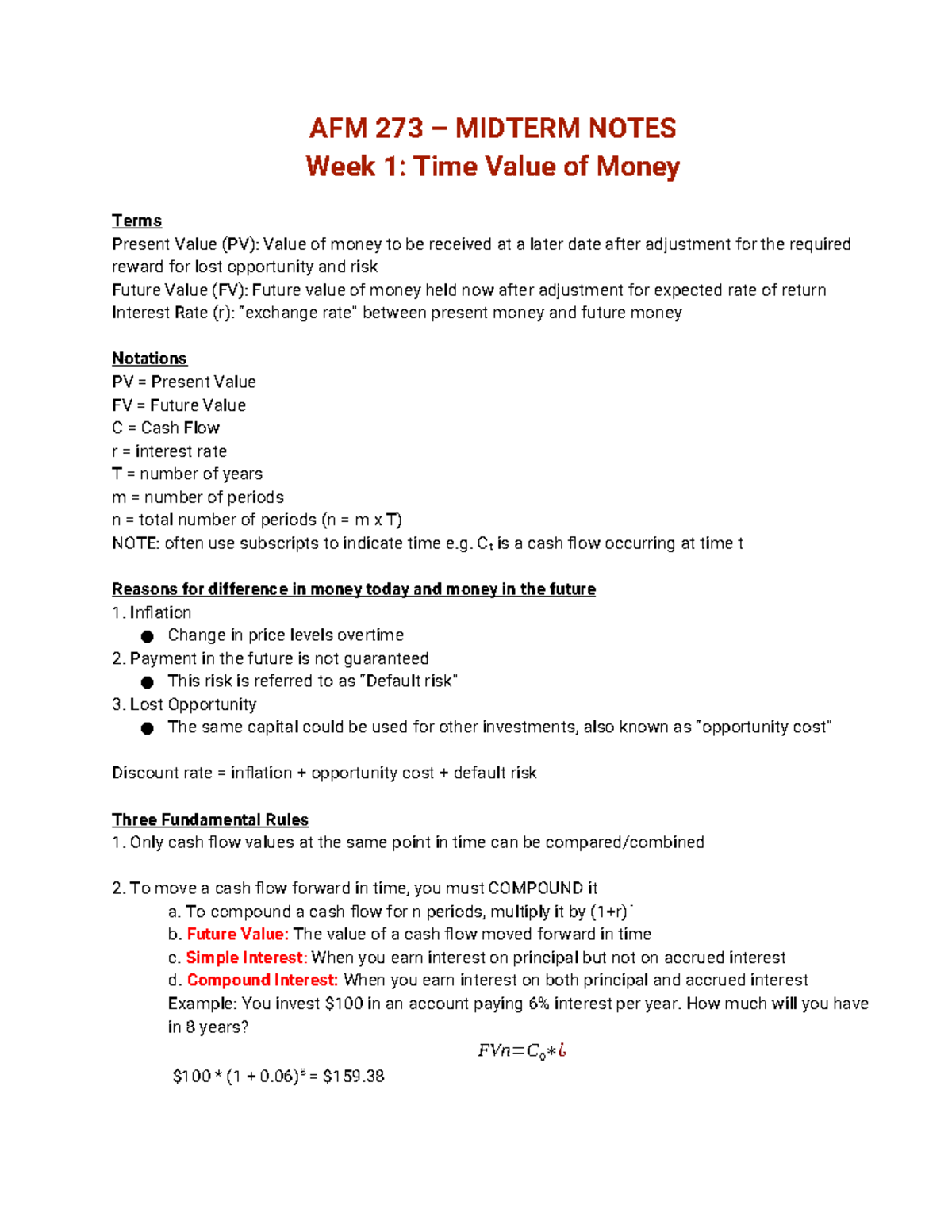 AFM 273 Midterm Study Package - AFM 273 – MIDTERM NOTES Week 1: Time ...