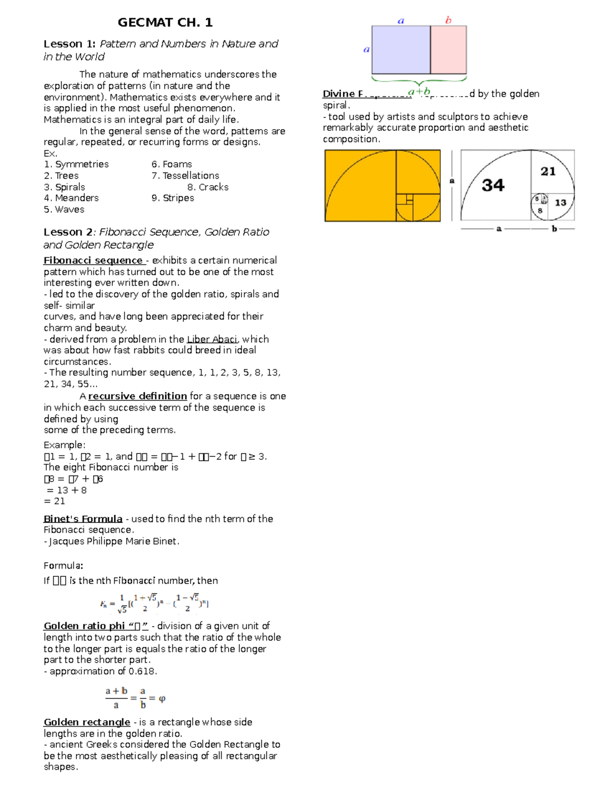 (Notes) Gecmat CH1 - GECMAT CH. 1 Lesson 1: Pattern and Numbers in ...