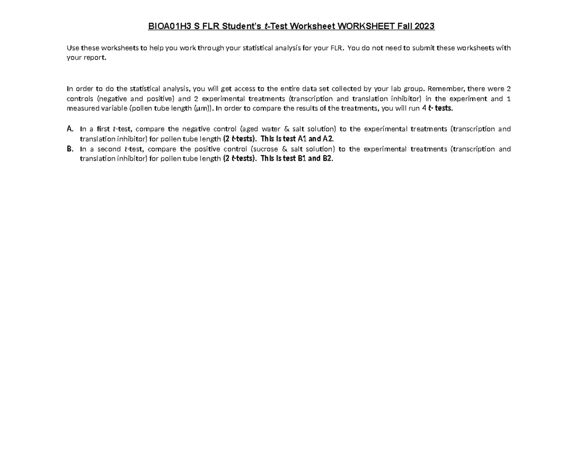 BIOA01 Statistical Worksheet F2023 - BIOA01H3 S FLR Student’s t-Test ...
