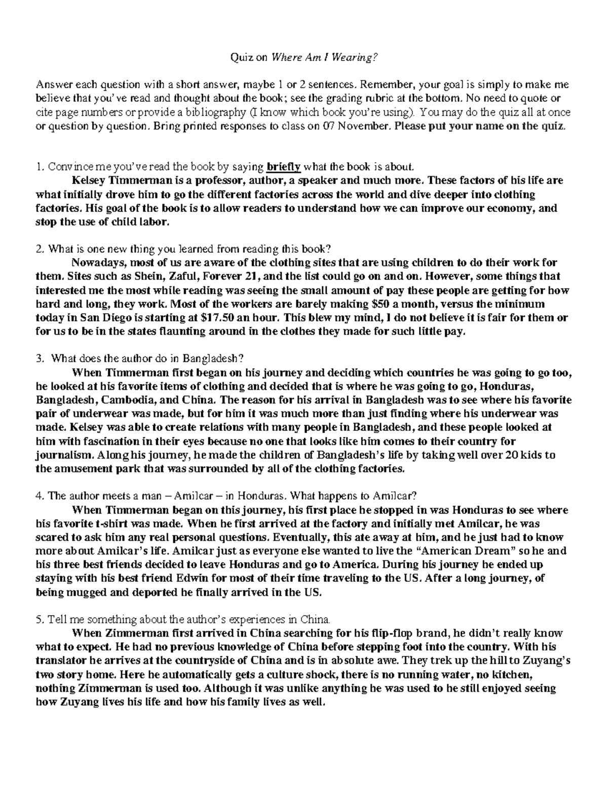 Zimmerman Quiz - From Barbone's class, quiz on book "Where Am I Wearing ...