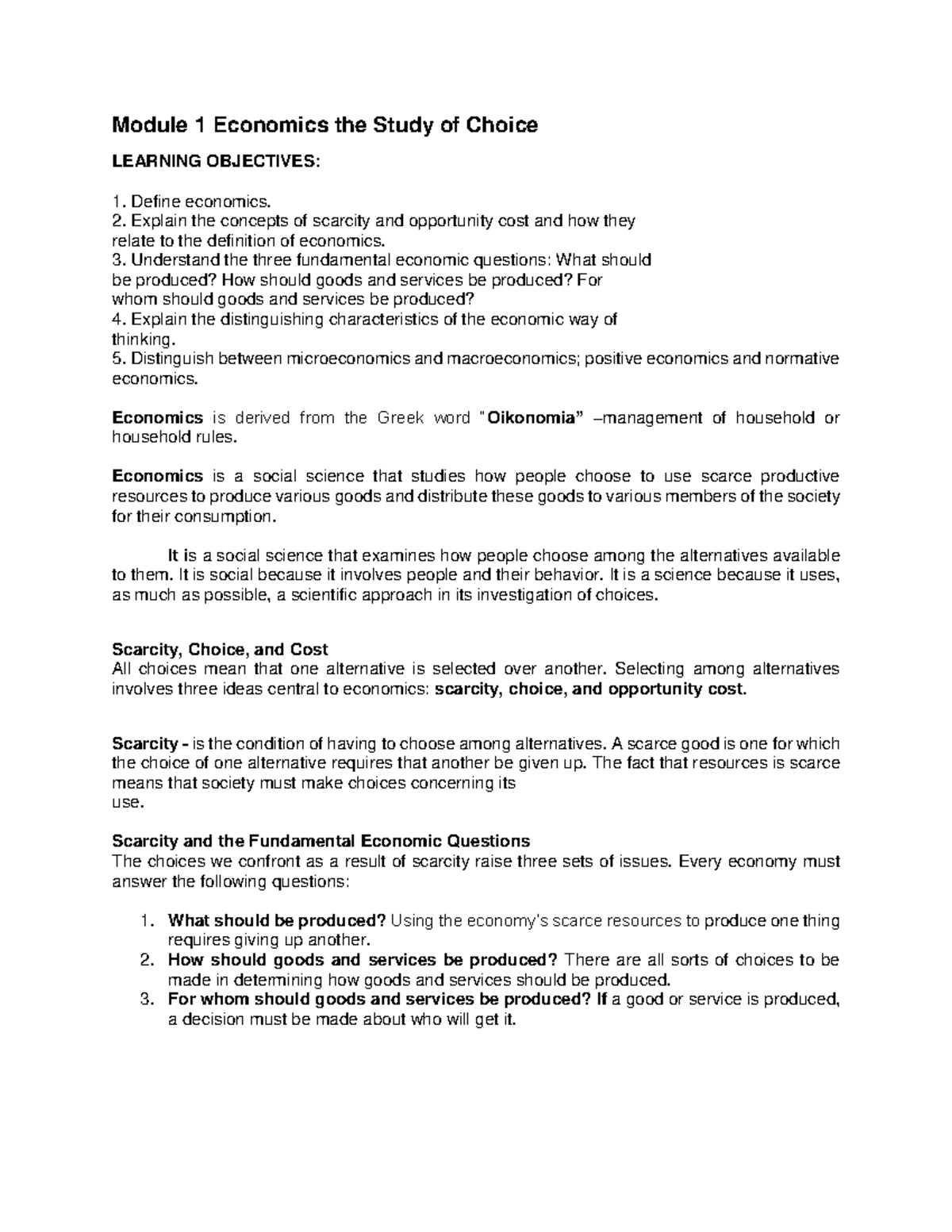 Module 1 Economics - econ - Module 1 Economics the Study of Choice ...