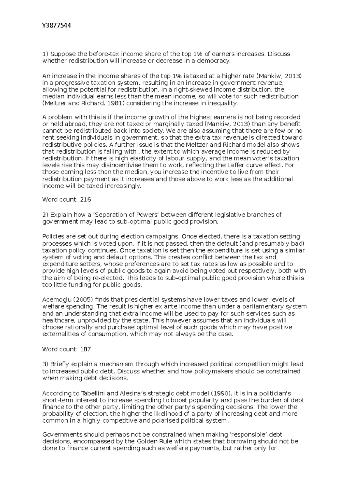 Spring Exam - Political Economics Exam Questions and answers. Achieved ...