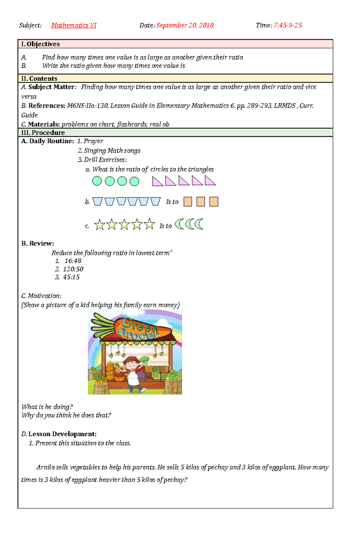 Math 6- Ratio Lesson Plan - Subject: Mathematics VI Date: September 20 ...