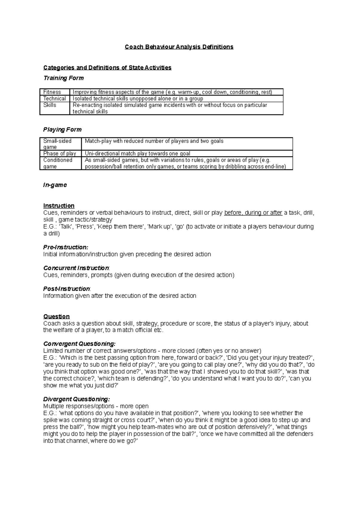 Coach Behaviour Analysis Definitions - Coach Behaviour Analysis ...