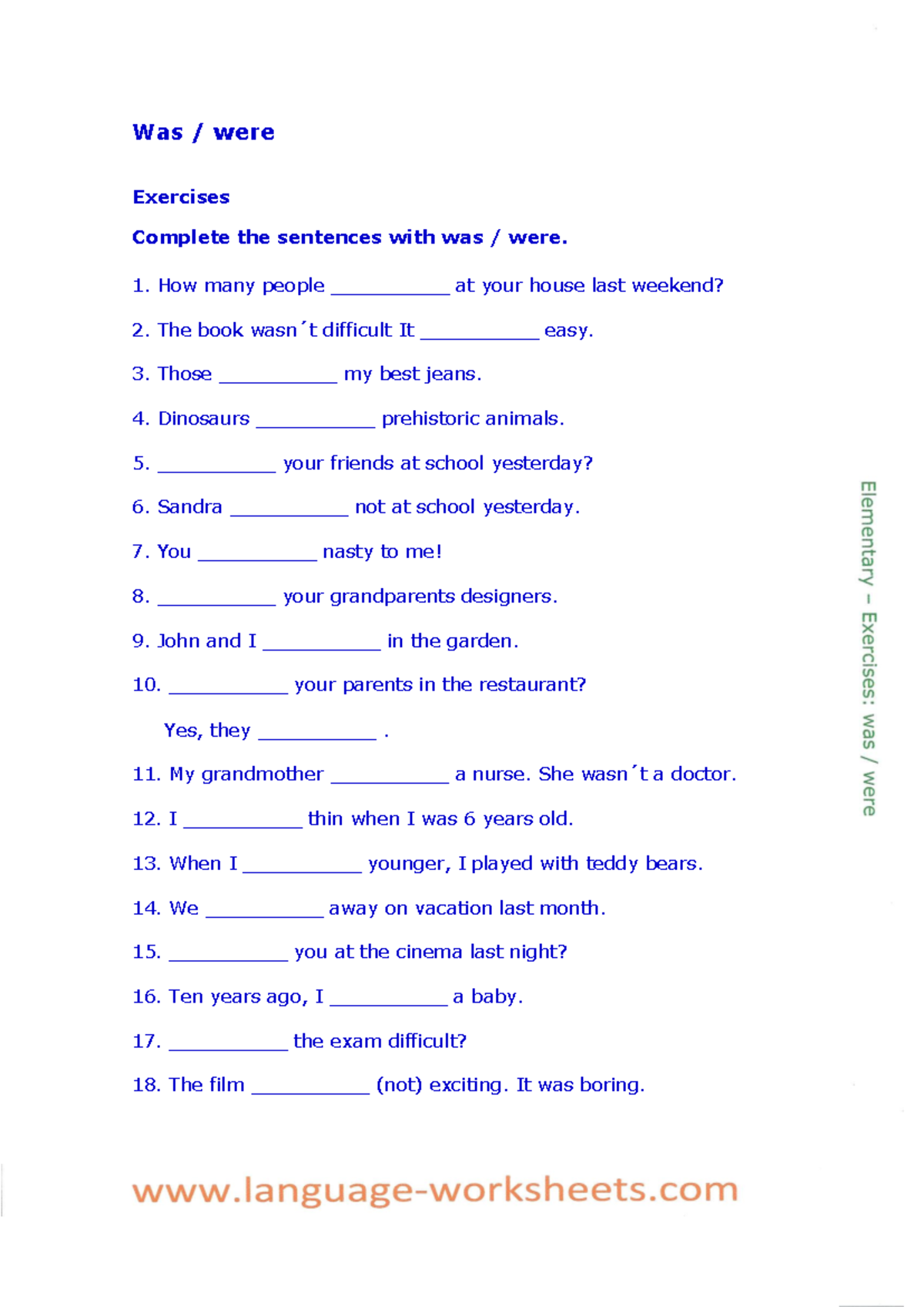 Waswereexercises - EJERCICIOS INGLES - Was / were Exercises Complete ...