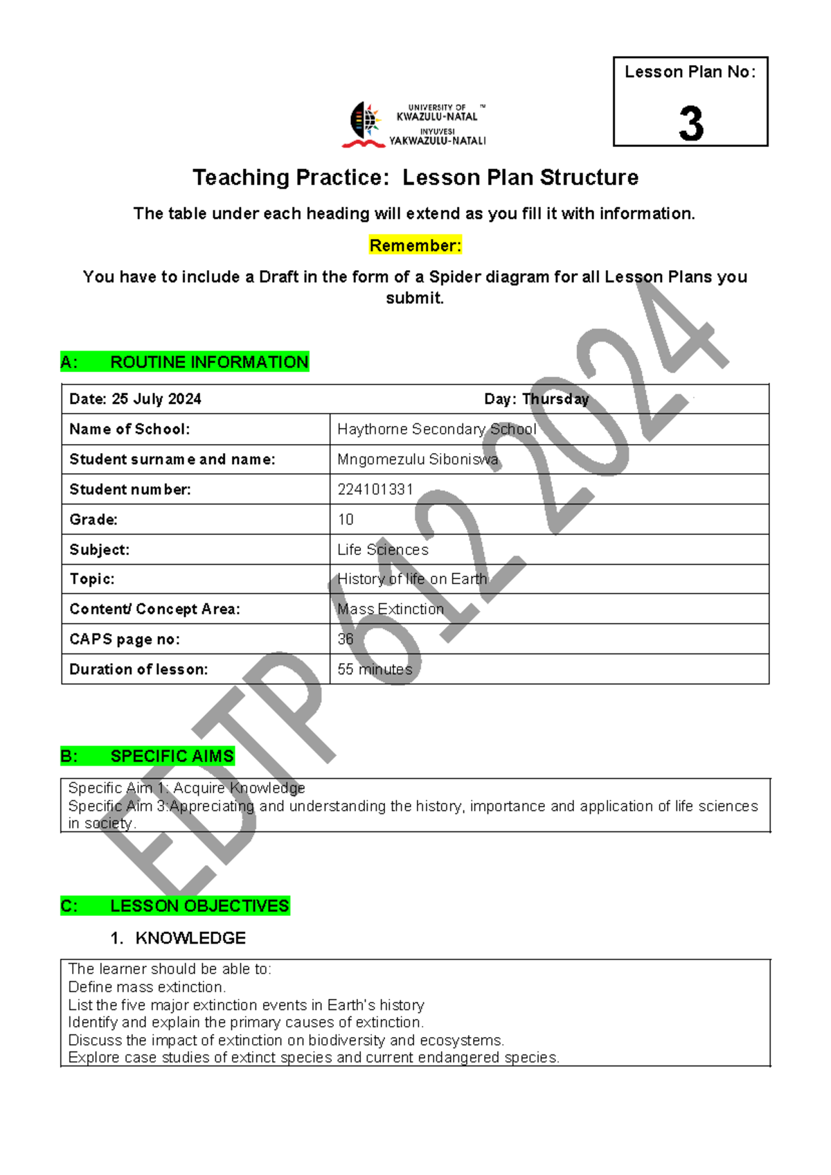 Life Sciences week3 1of 4 - Teaching Practice: Lesson Plan Structure ...