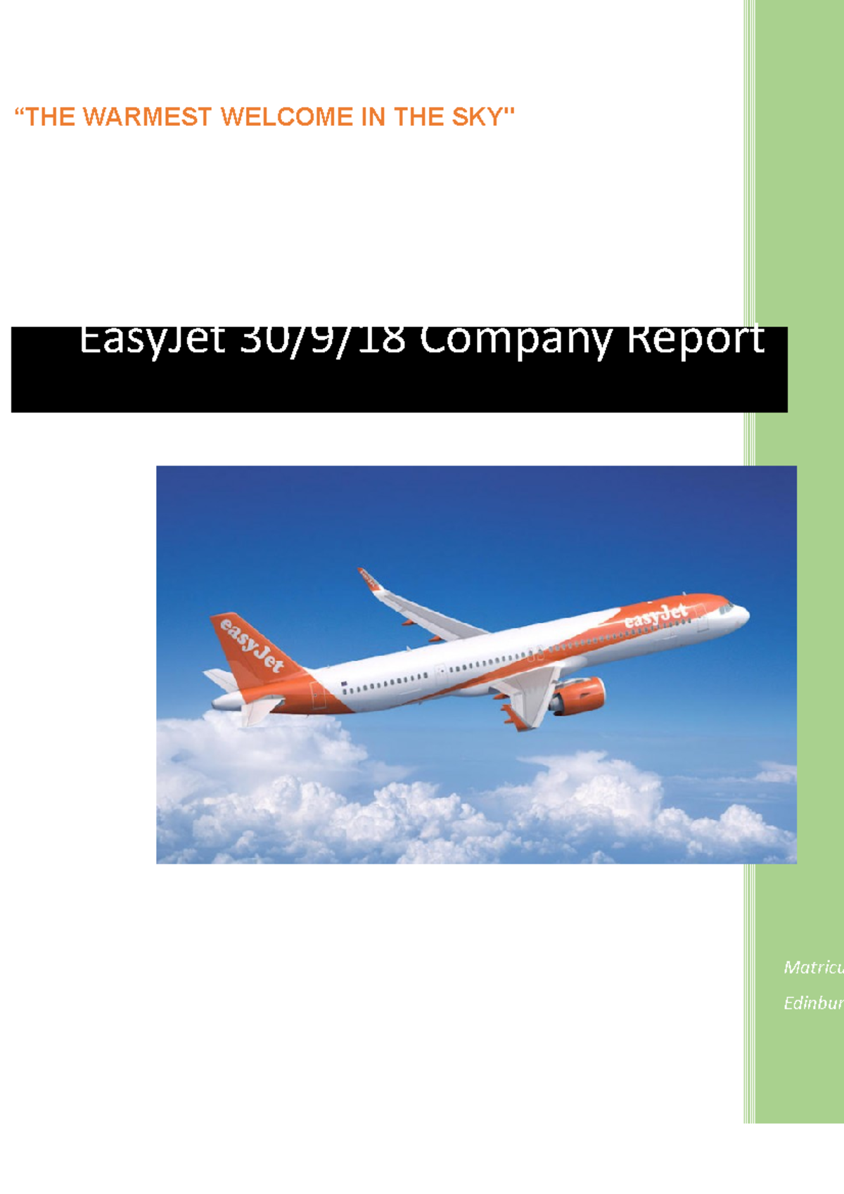 Report Easy Jet - Grade: Merit - “THE WARMEST WELCOME IN THE SKY ...