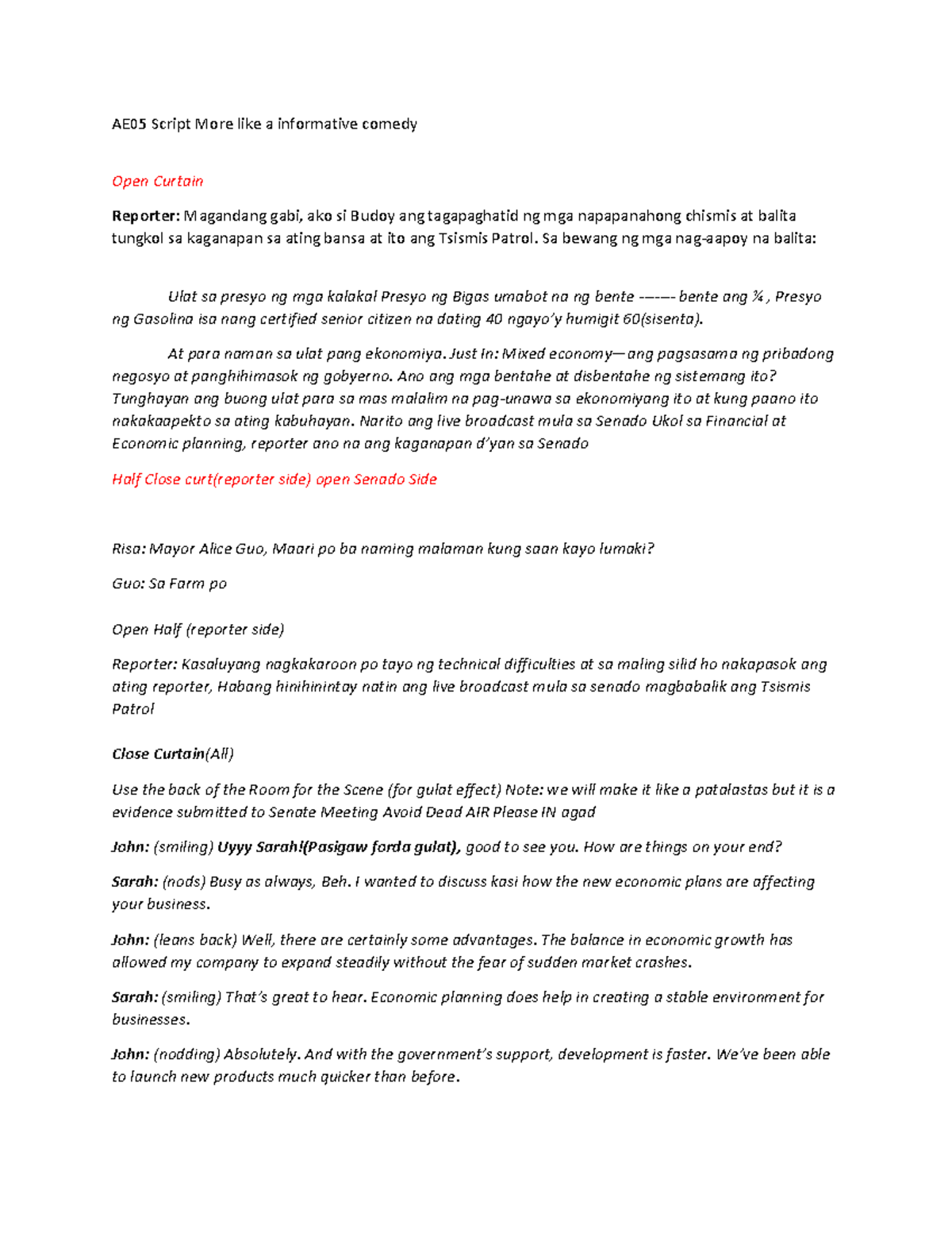 AE05 Script - Sa bewang ng mga nag-aapoy na balita: Ulat sa presyo ng ...