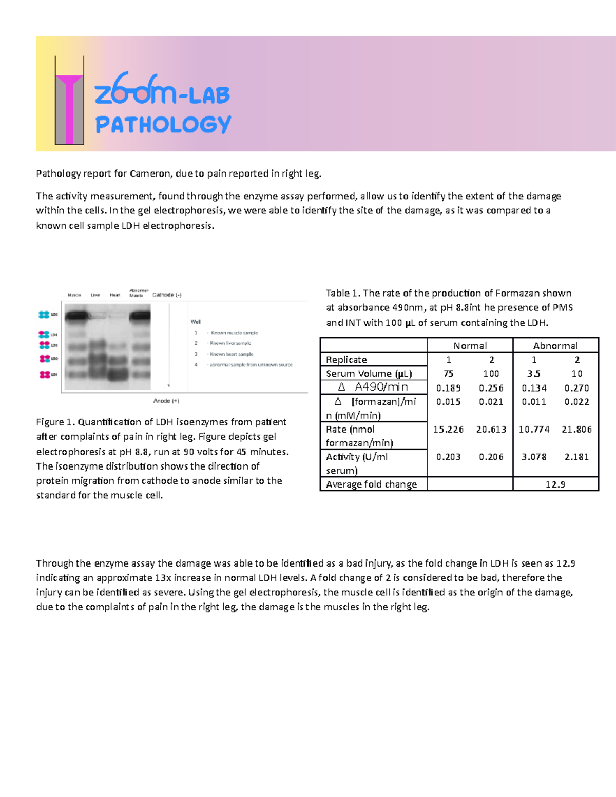 BIOL 1007 Pathology report W3 - Pathology report for Cameron, due to ...