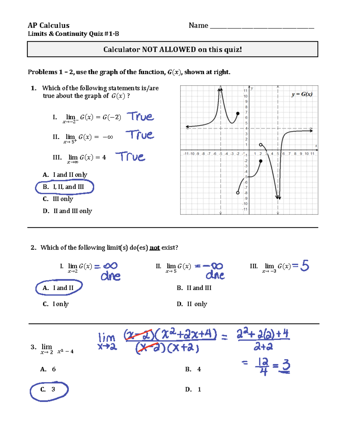 AP Quiz Unit 1 Form 1-B Key - AP Calculus Name ...