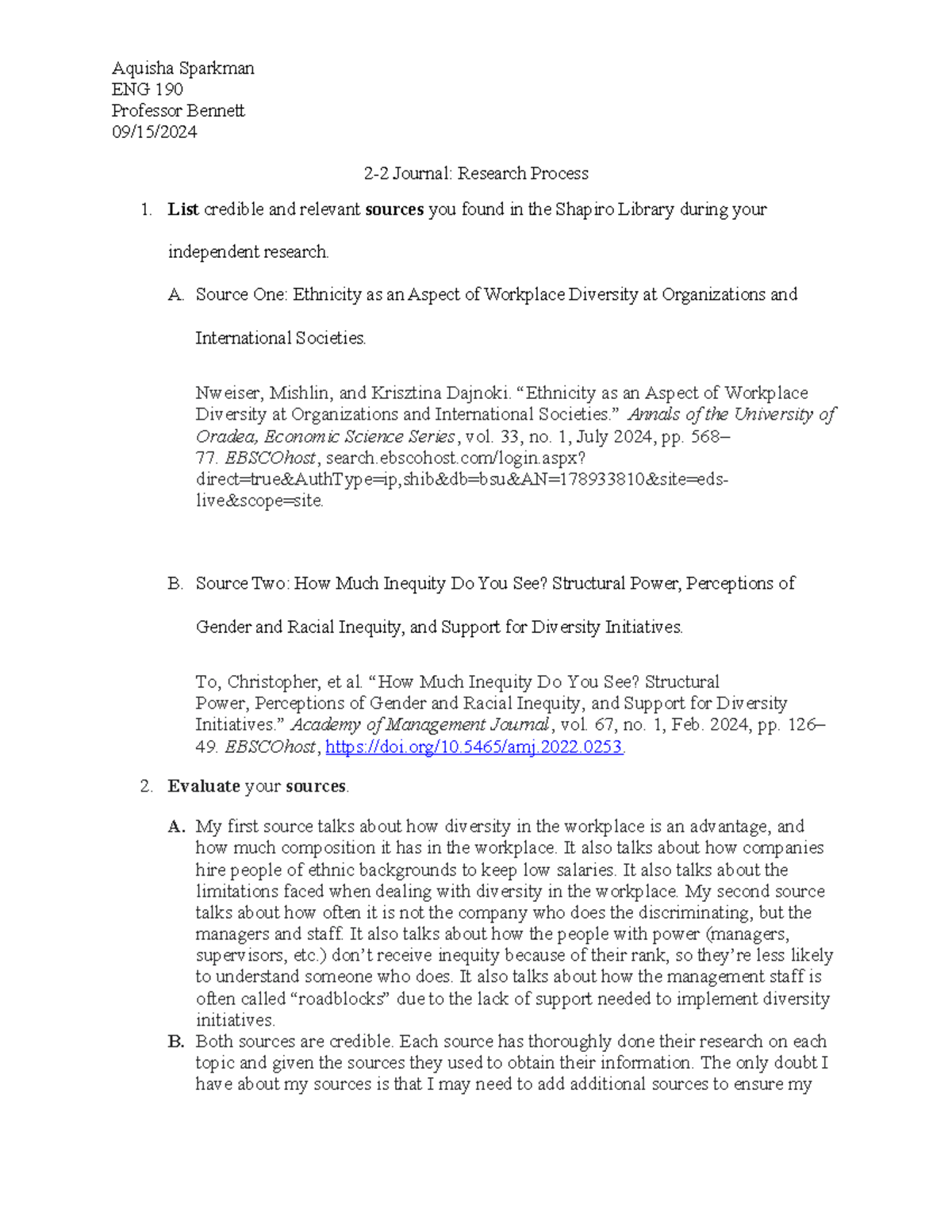 ENG 190 2-2 Journal - Aquisha Sparkman ENG 190 Professor Bennett 09/15 ...