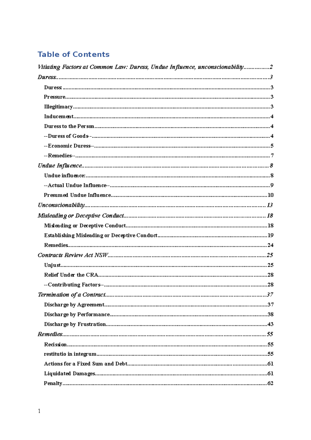 Contract LAW - Lecture notes 1 - Table of Contents Vitiating Factors at ...