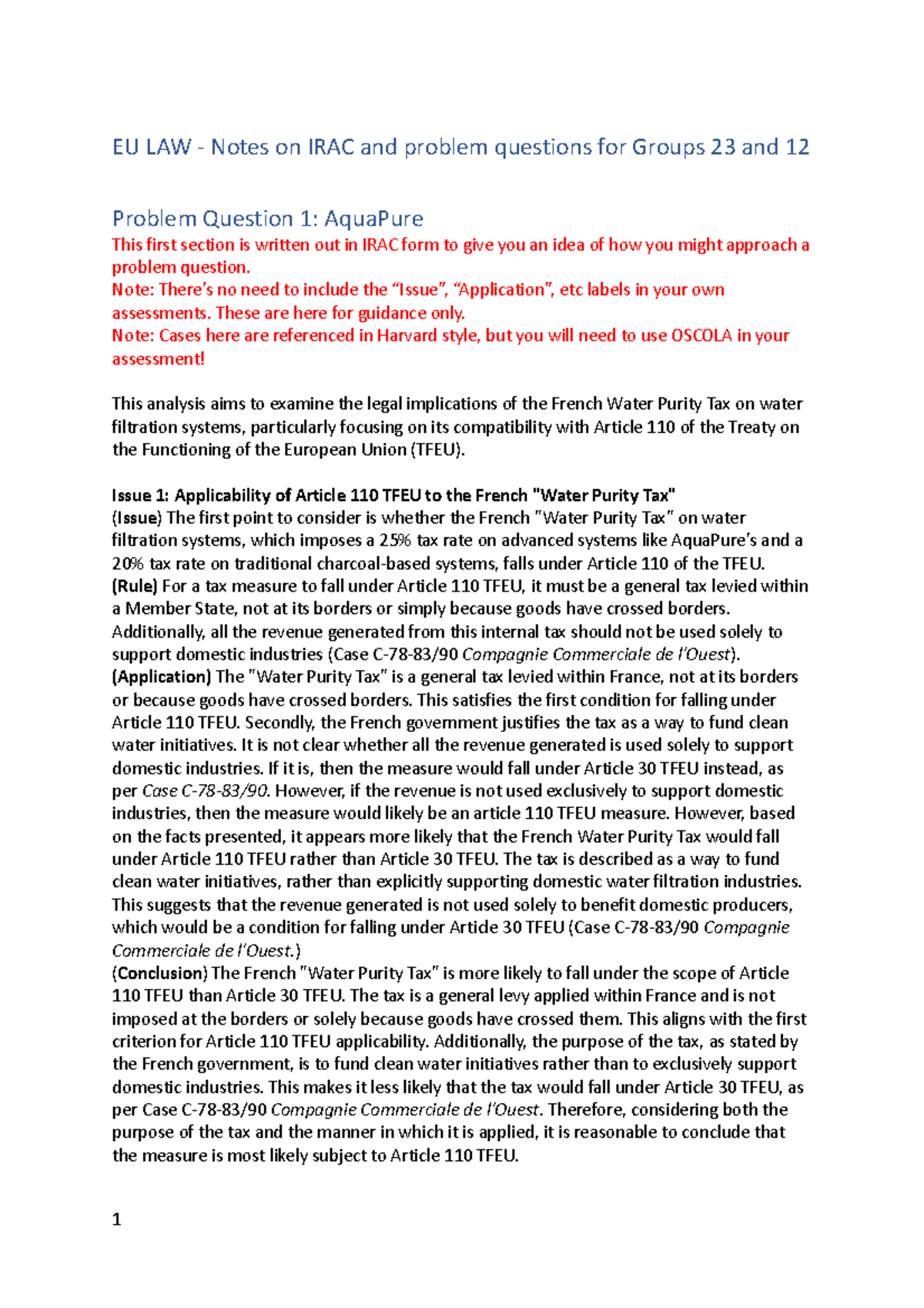 Seminar 2 IRAC + problem question notes - EU LAW - Notes on IRAC and ...